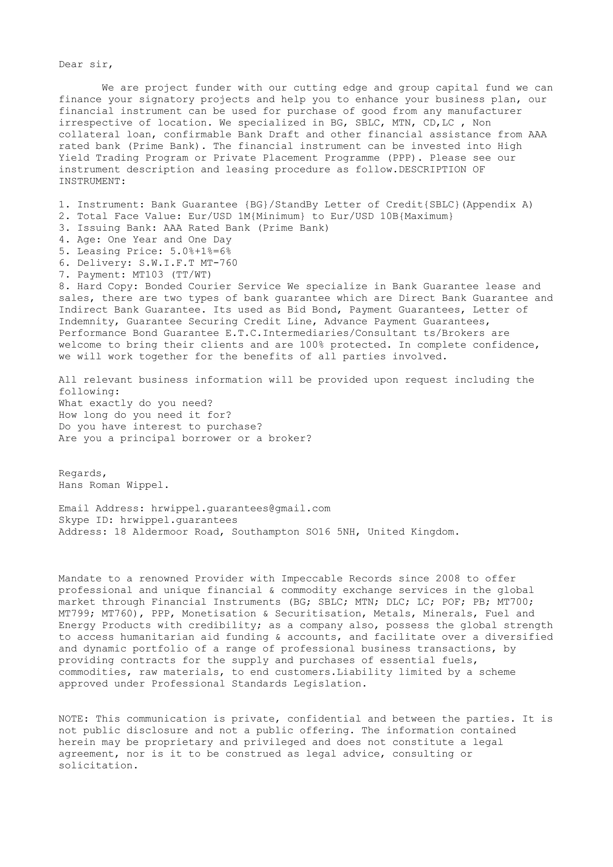 Barclays Bank London, Deutsche Bank AG Frankfurt BG and SBLC Available ...