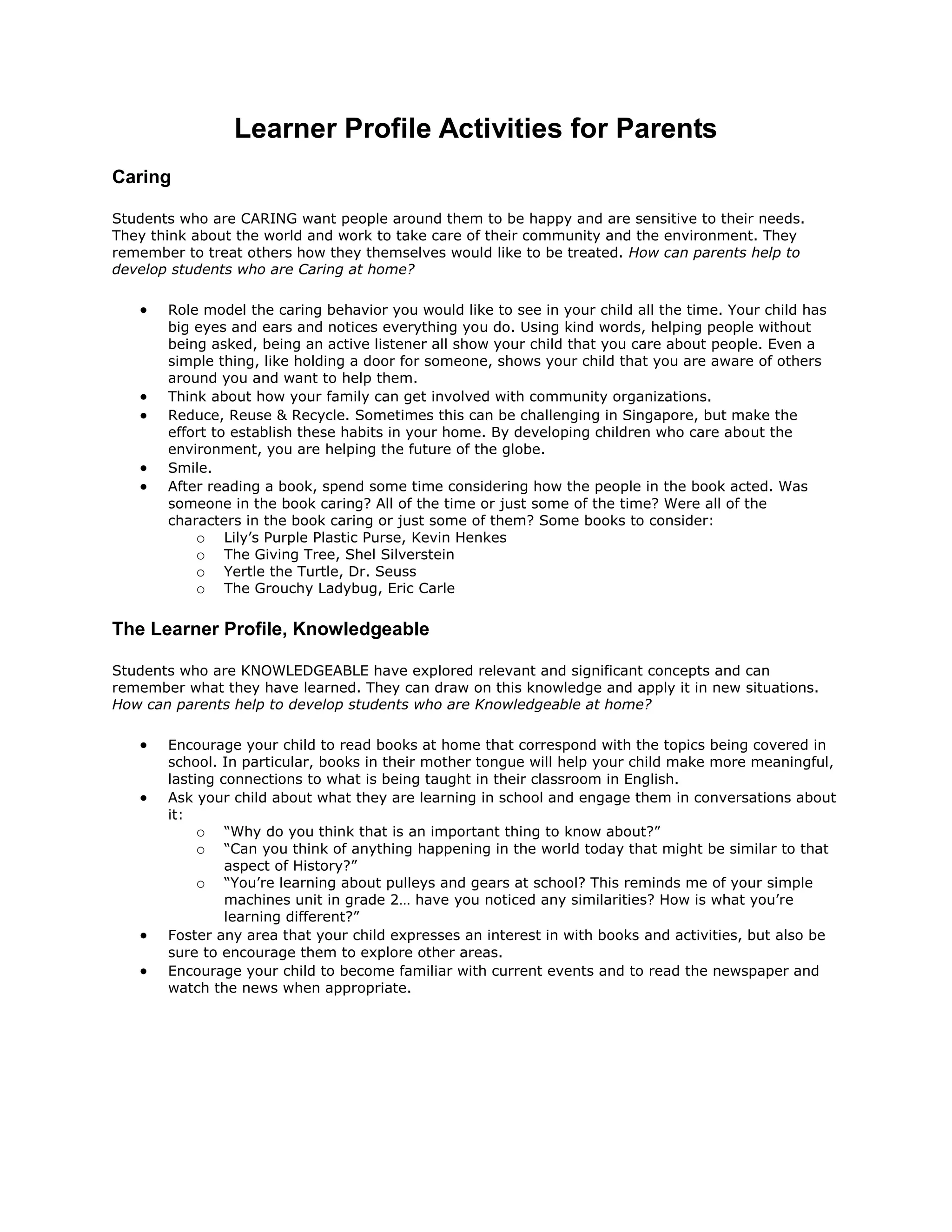 BG Learner Profile Activities for Parents | PDF