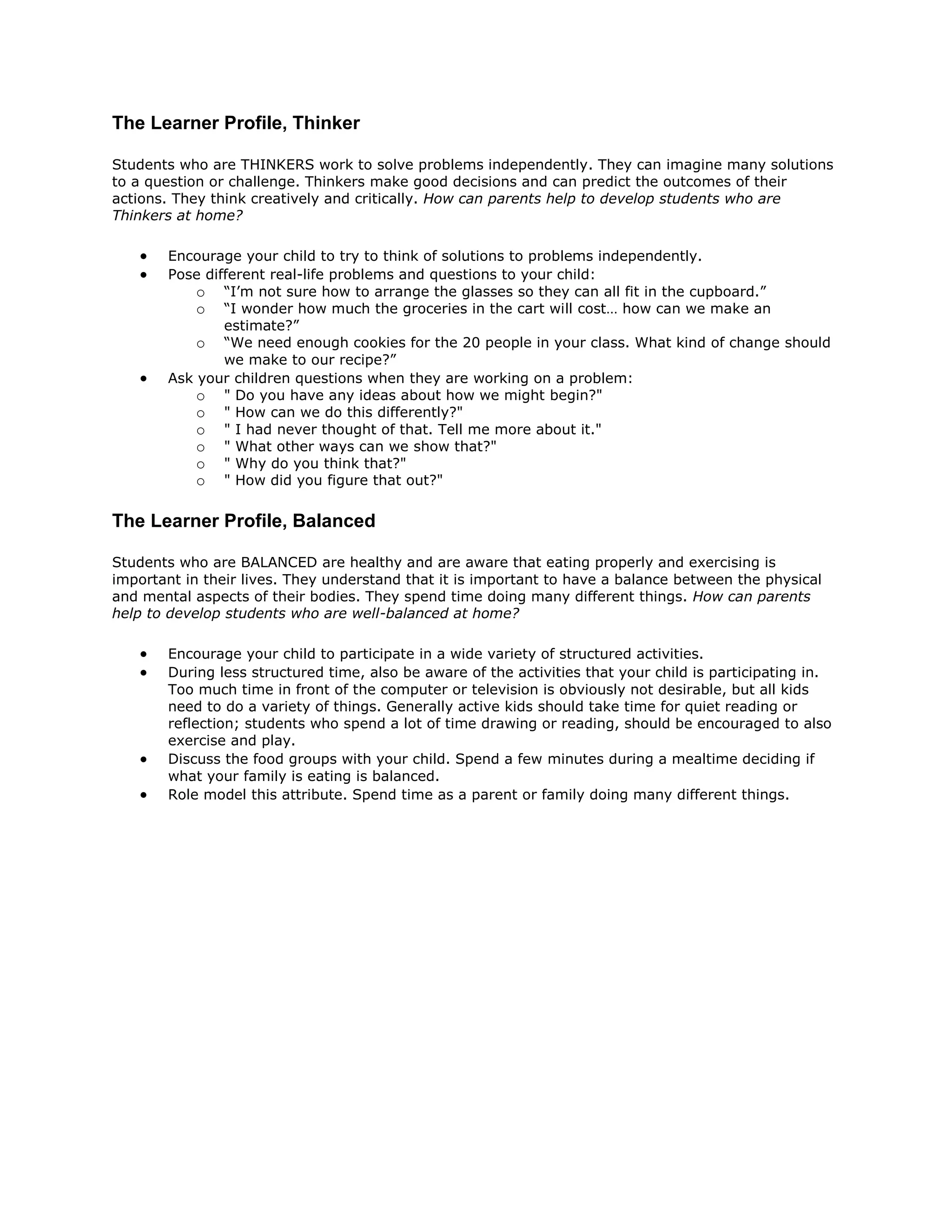 BG Learner Profile Activities for Parents | PDF