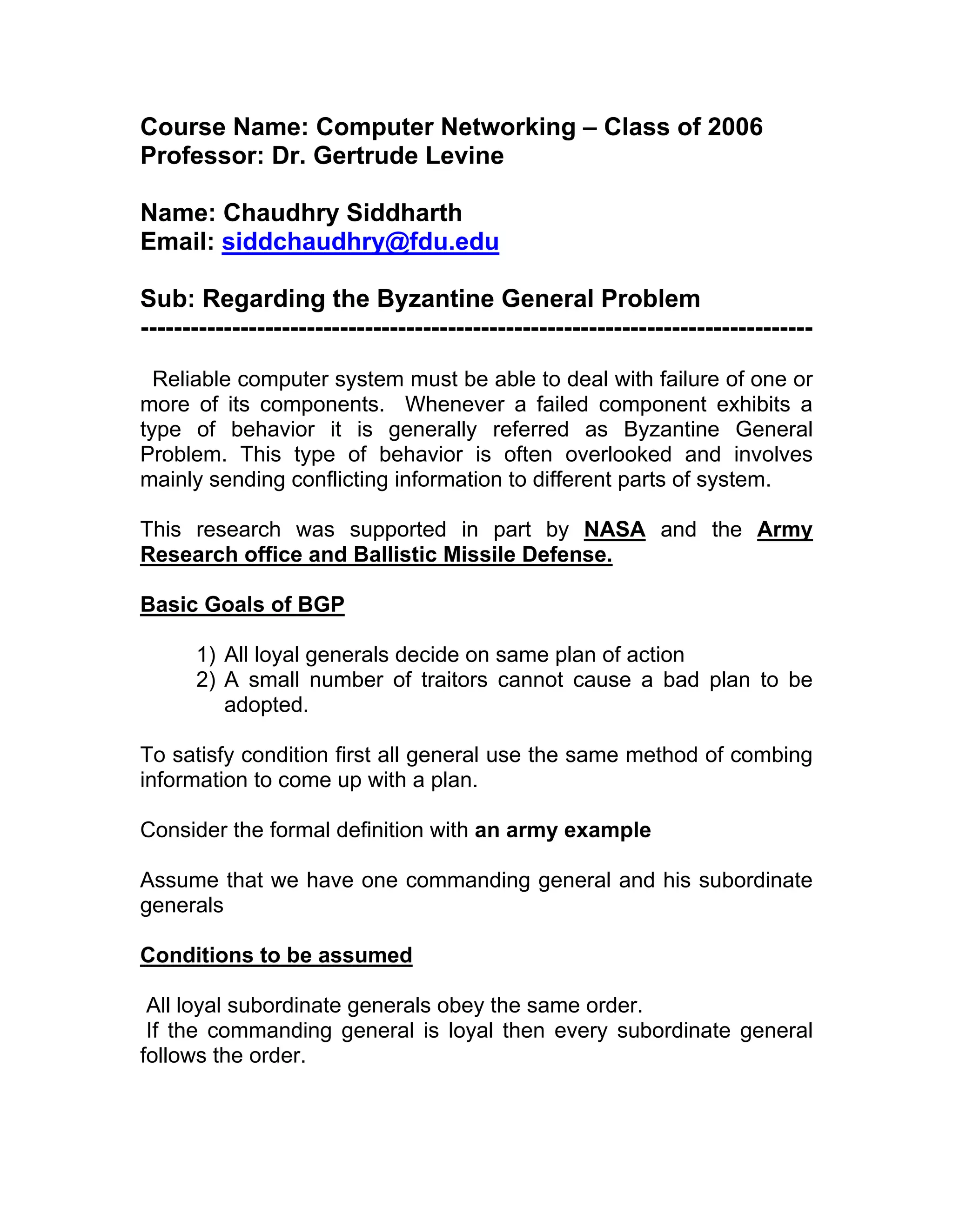 Byzantine General Problem - Siddharth Chaudhry | PDF