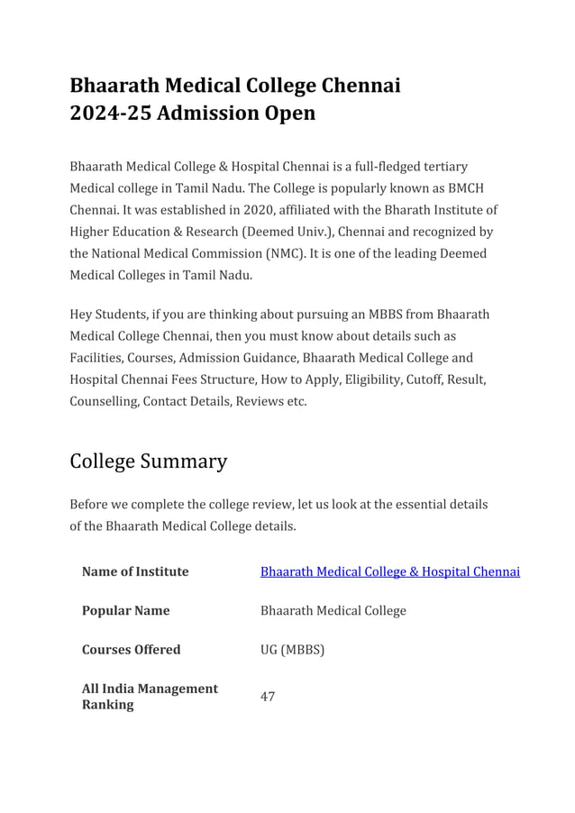 Bhaarath Medical College 2024 Admission Open | DOCX | Undergraduate ...