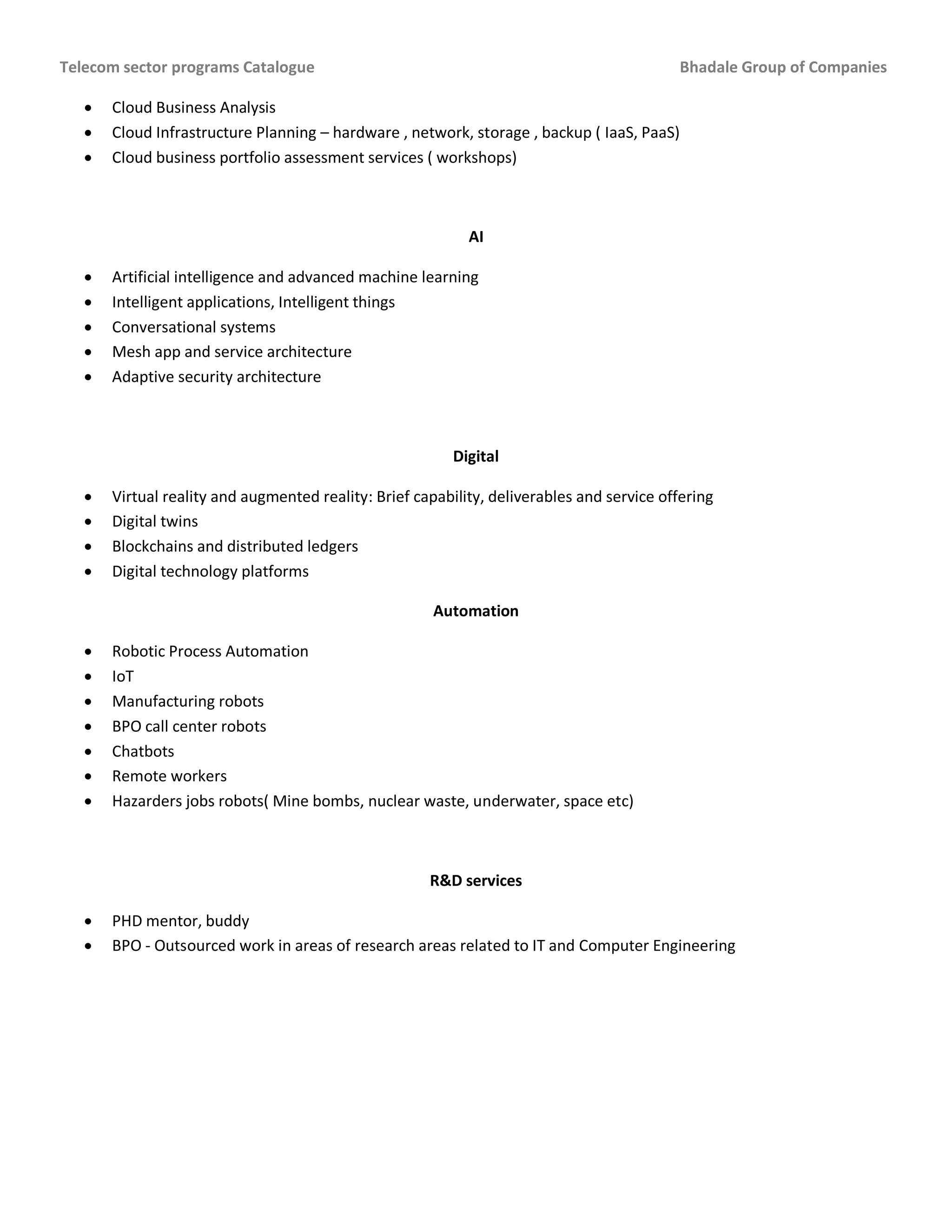 Bhadale group of companies telecom sector programs catalogue | PDF