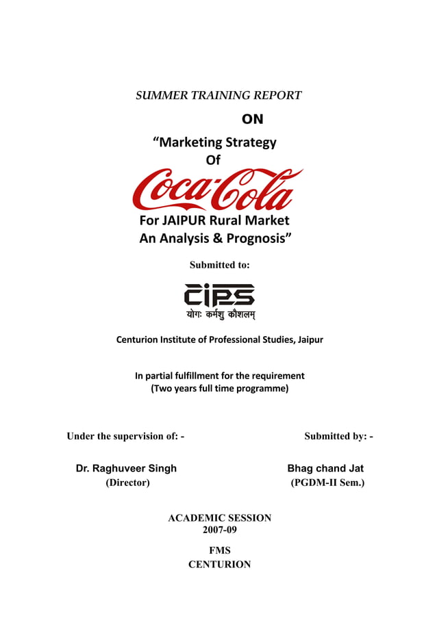 Bhag Chand Coca Cola Summer Training Full Report | PDF
