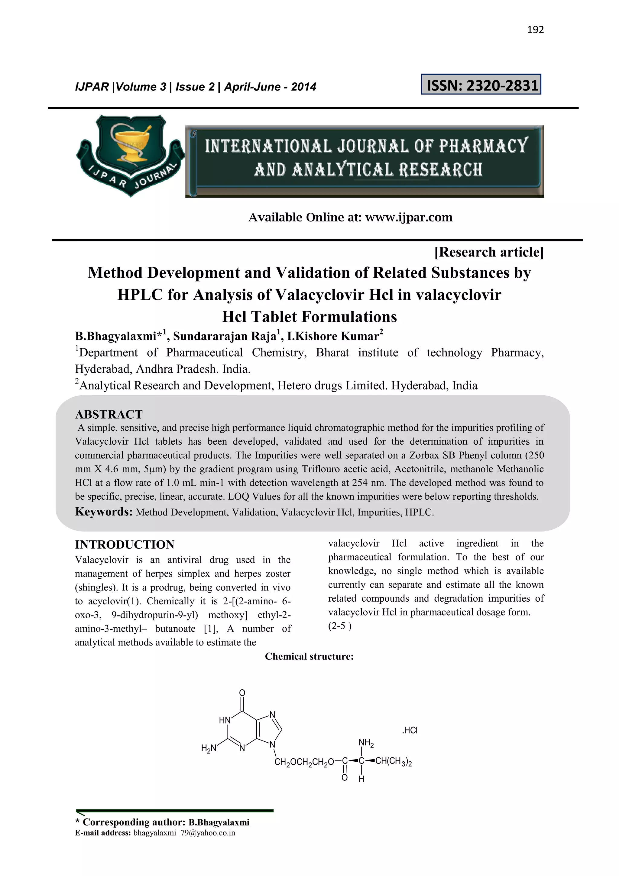 Method Development and Validation of Related Substances by HPLC for ...