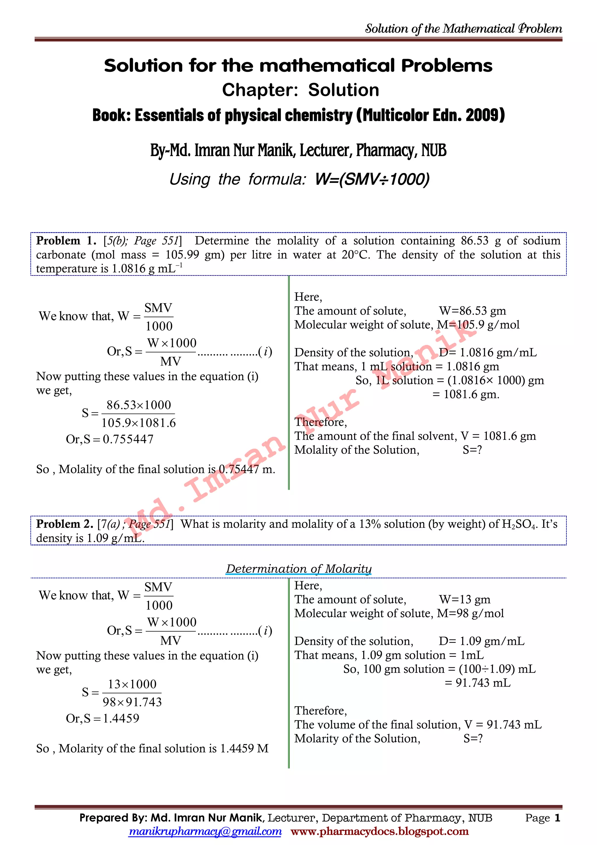 Solution to the Mathematical Problems from Bahl Tuli MANIK | PDF