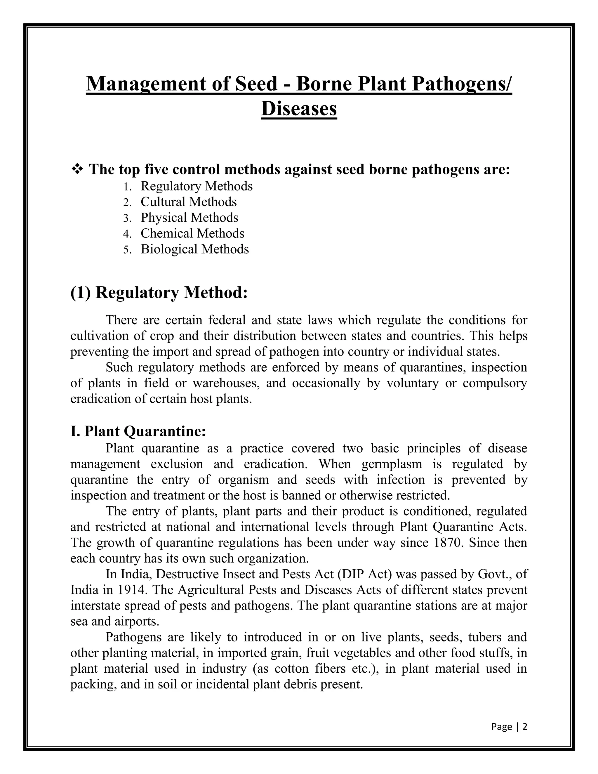 Management of Seed-Borne Plant Pathogens/Diseases and Procedure for ...