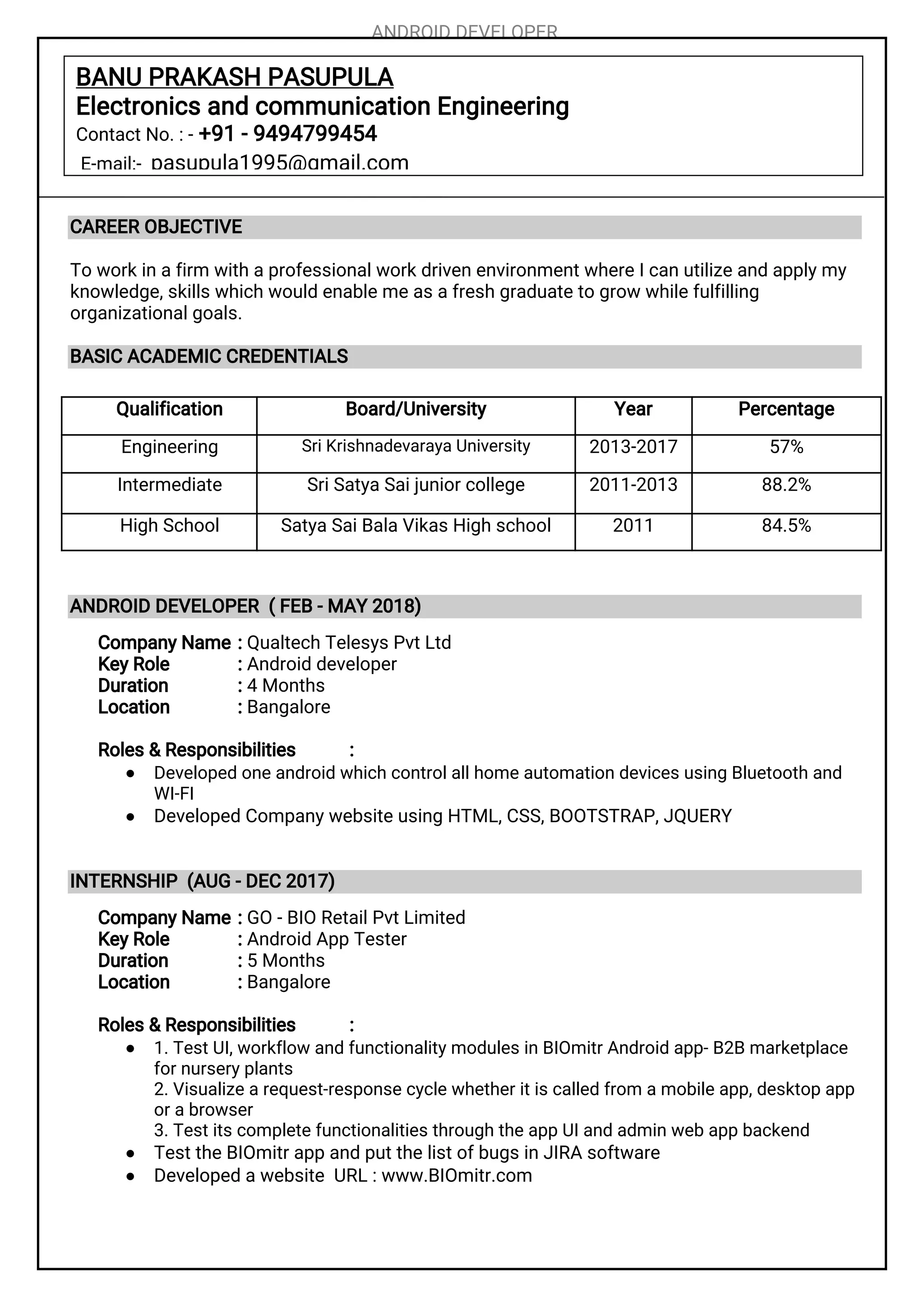 Android Developer Resume Fresher | PDF
