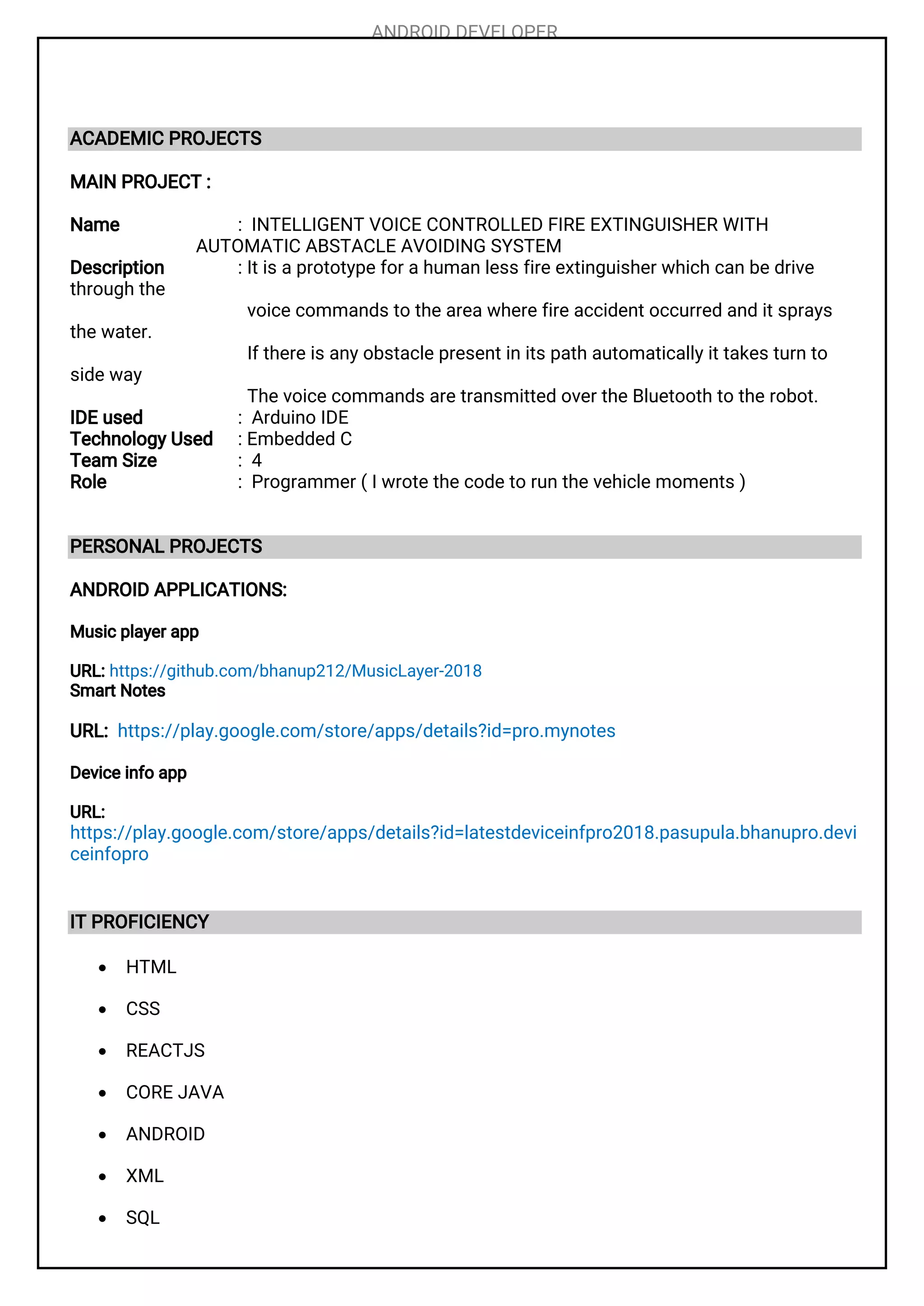 Android Developer Resume Fresher | PDF