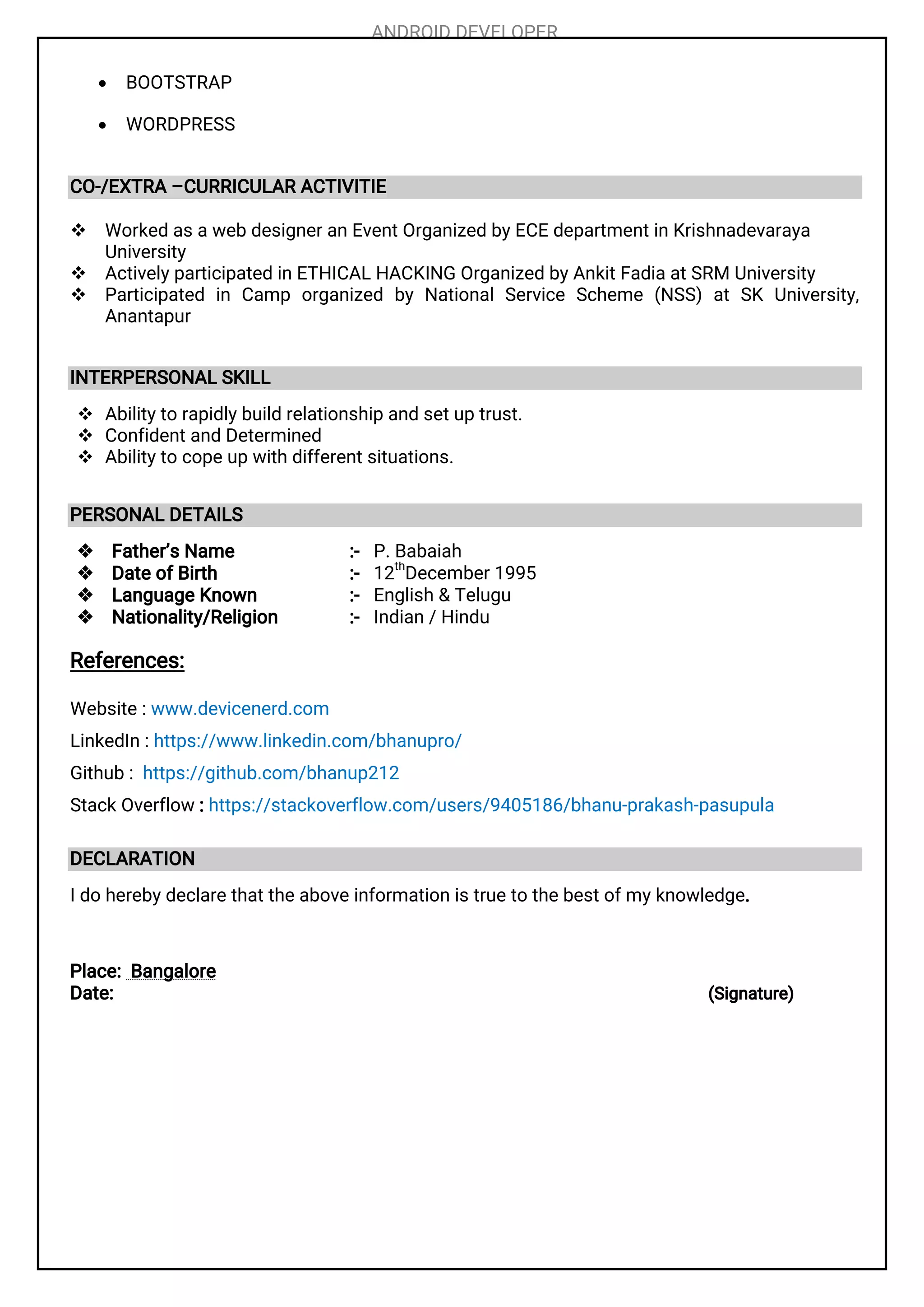 Android Developer Resume Fresher | PDF