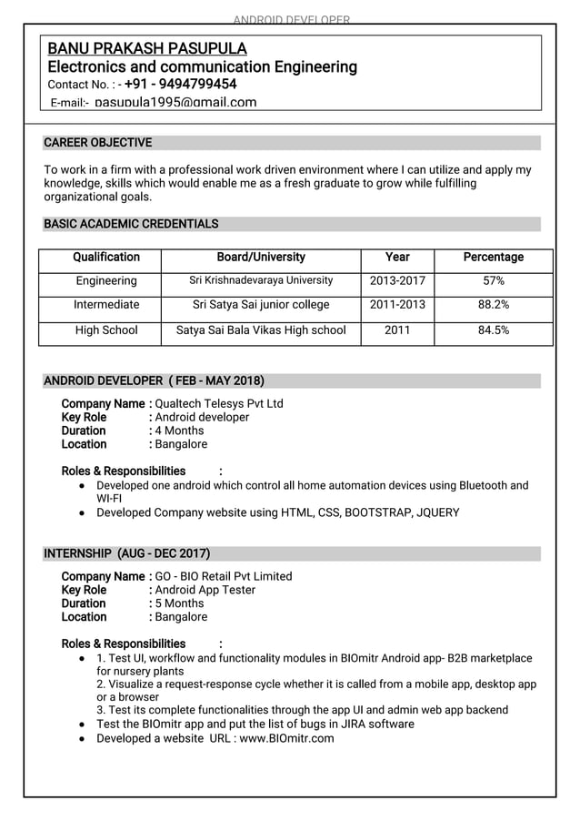 Android Developer Resume Fresher | PDF