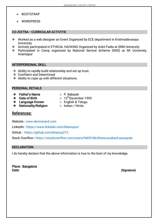 Android Developer Resume Fresher | PDF