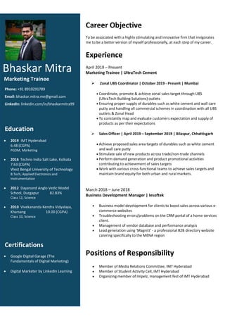 Bhaskar Mitra CV_UltraTech Cement | PDF