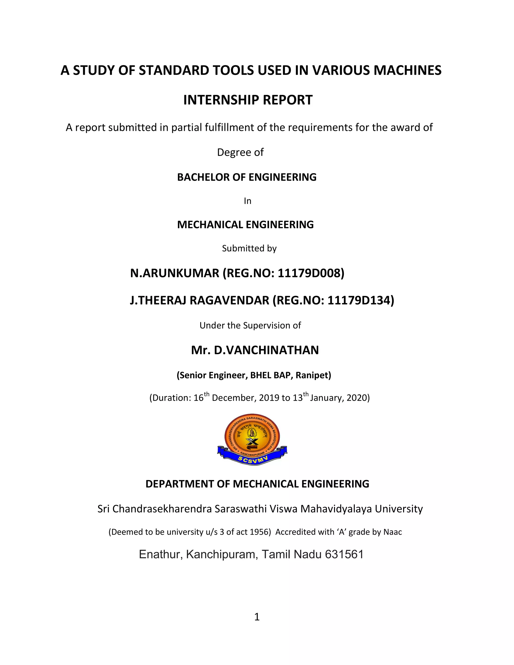 BHEL BAP (RANIPET) internship report | PDF