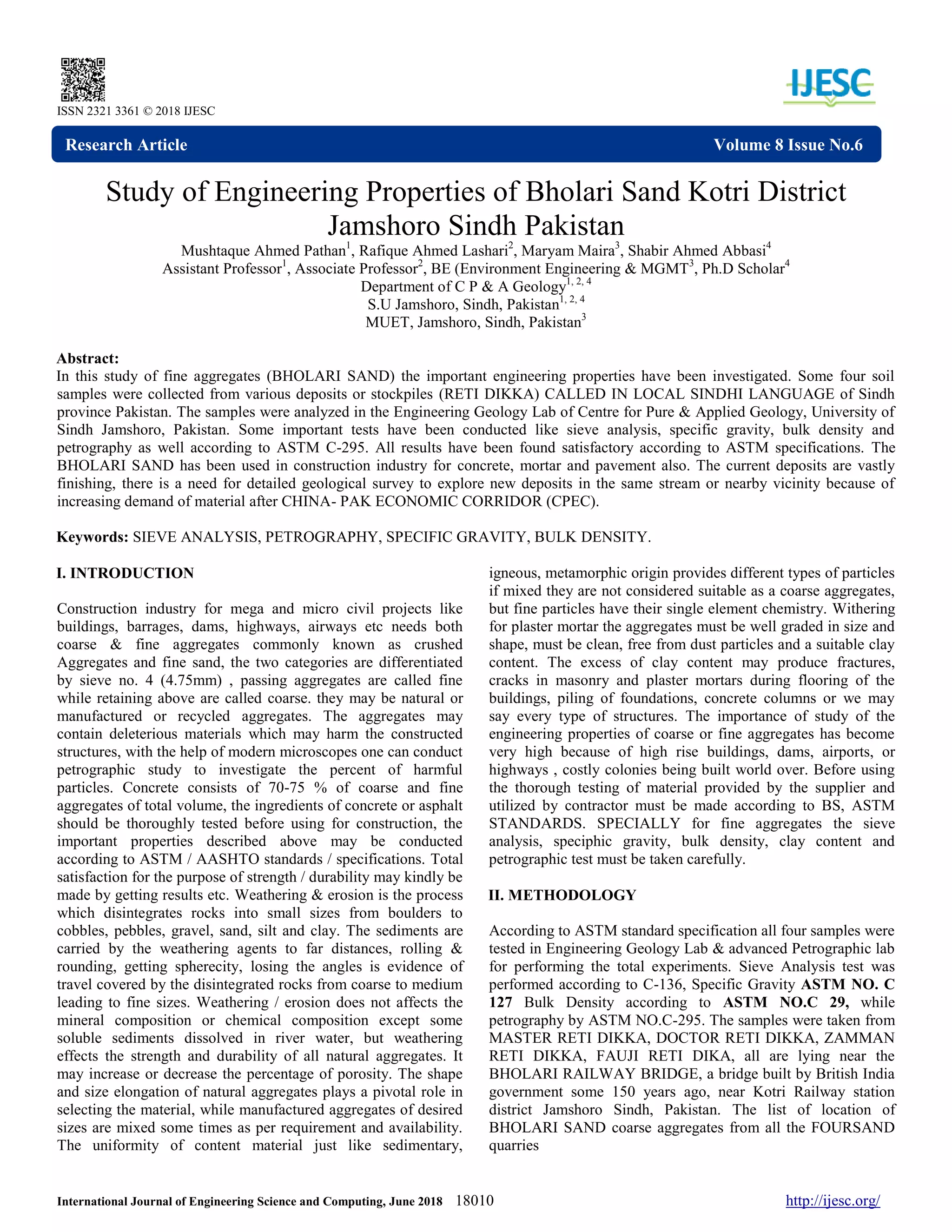 Study of Engineering Properties of Bholari Sand Kotri District Jamshoro ...