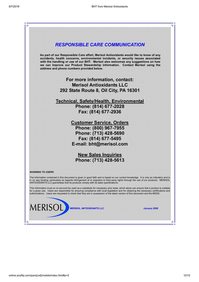 Bht from merisol antioxidants | PDF