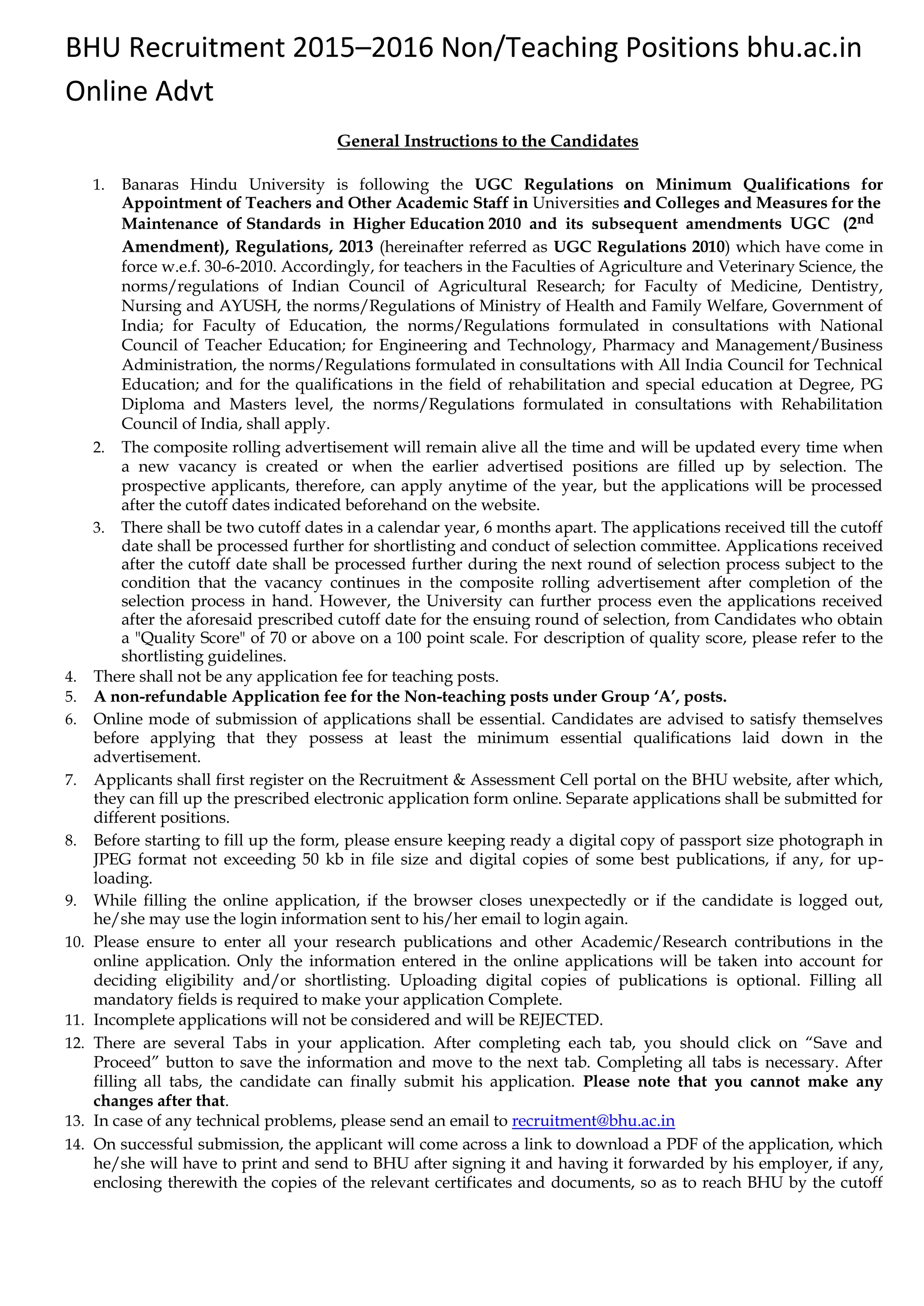 BHU Recruitment 2015–2016 Non-Teaching Positions Bhu.ac.in Online Advt ...