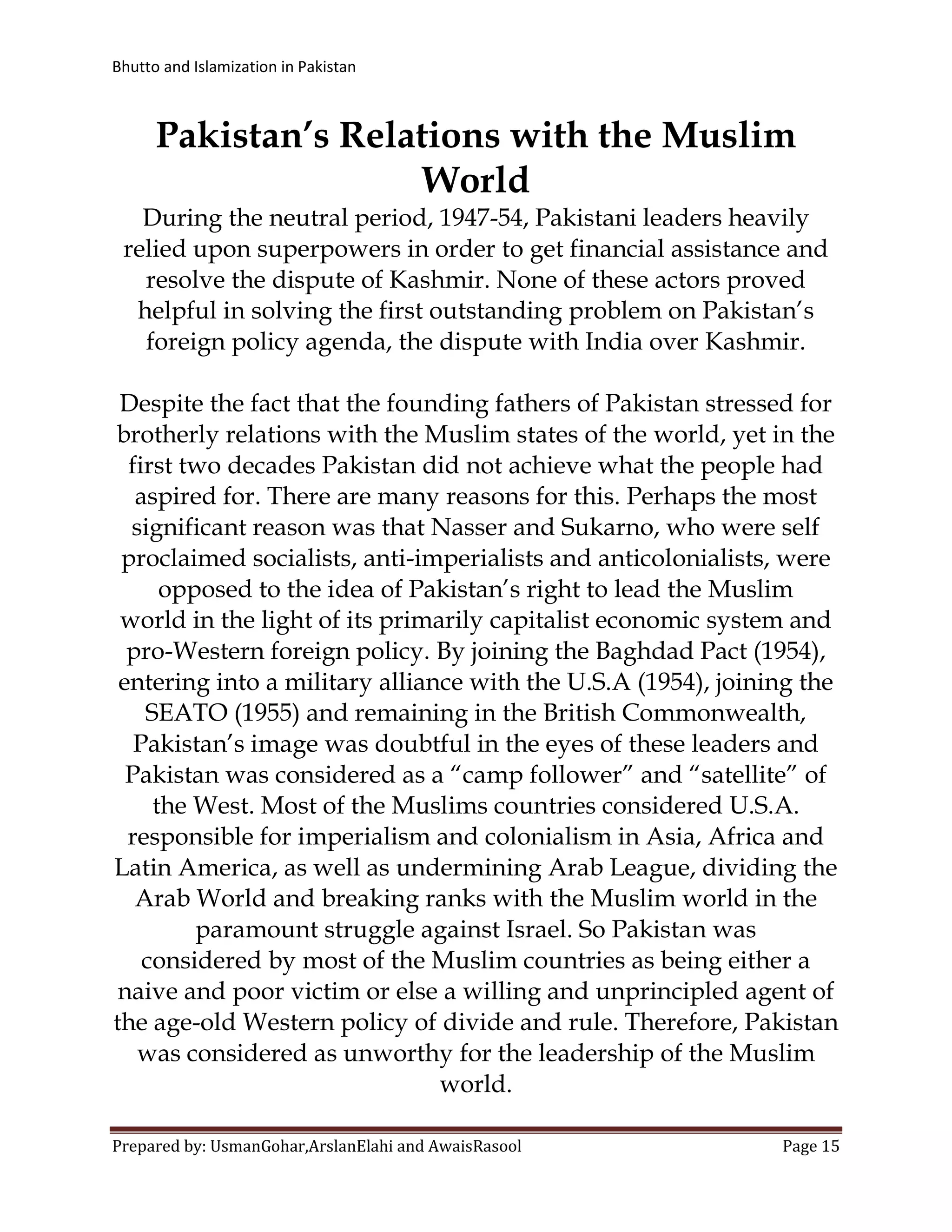 Bhutto and islamization in pakistan | DOCX