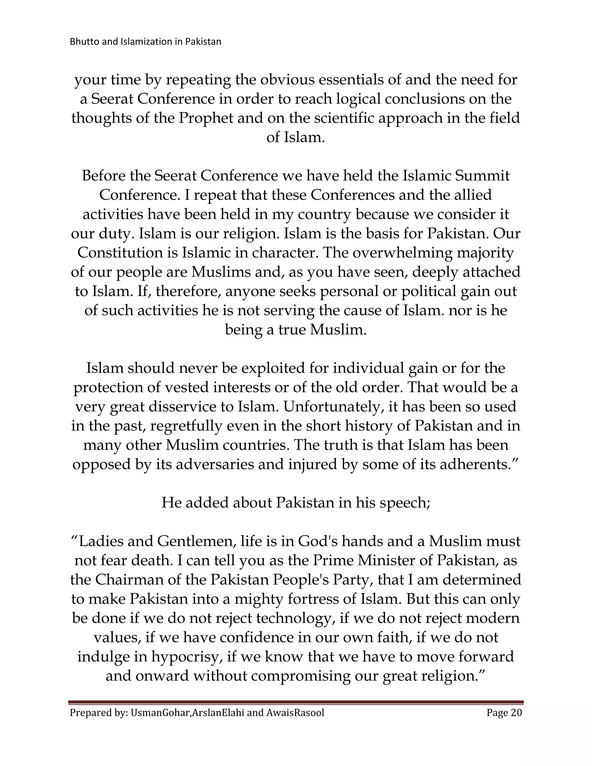 Bhutto and islamization in pakistan | DOCX