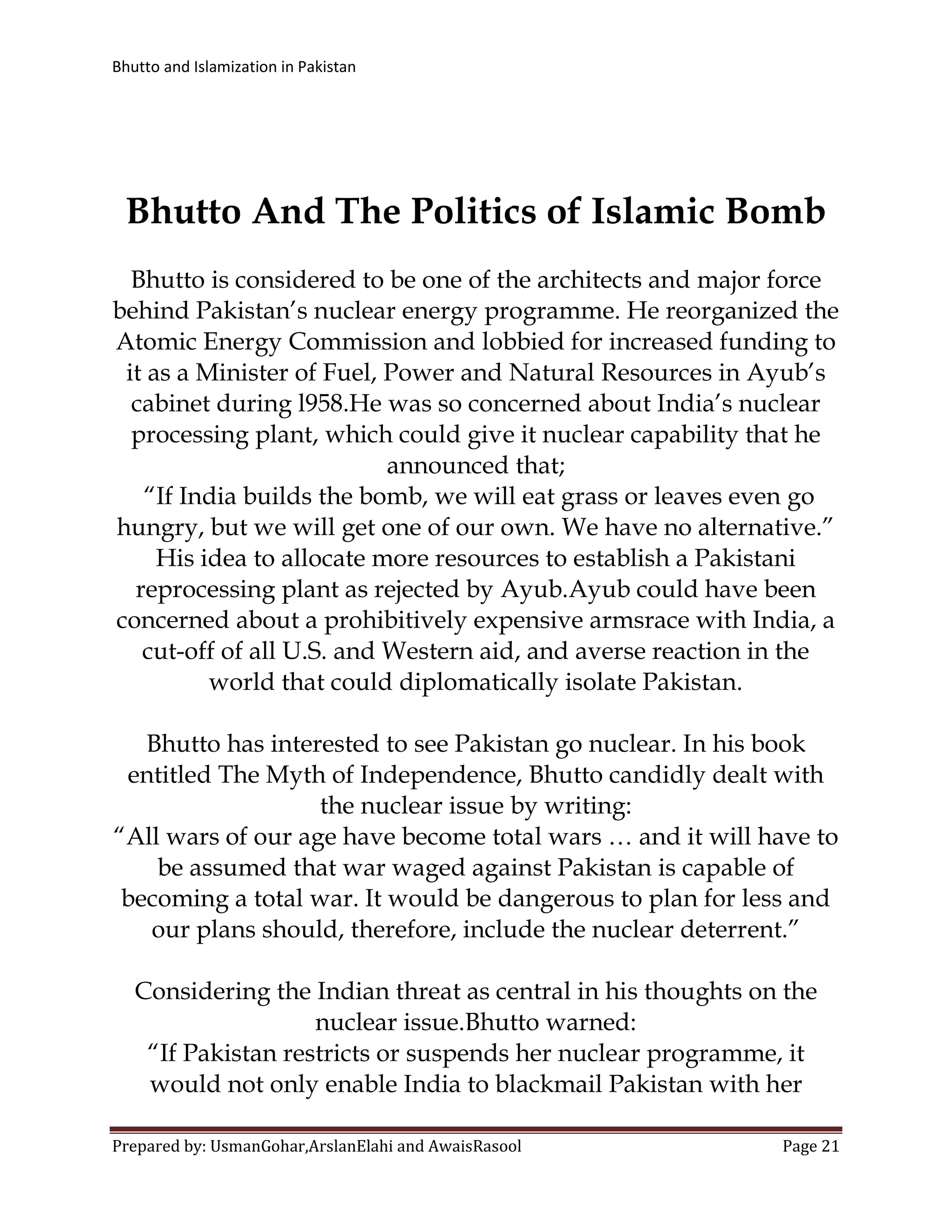 Bhutto and islamization in pakistan | DOCX