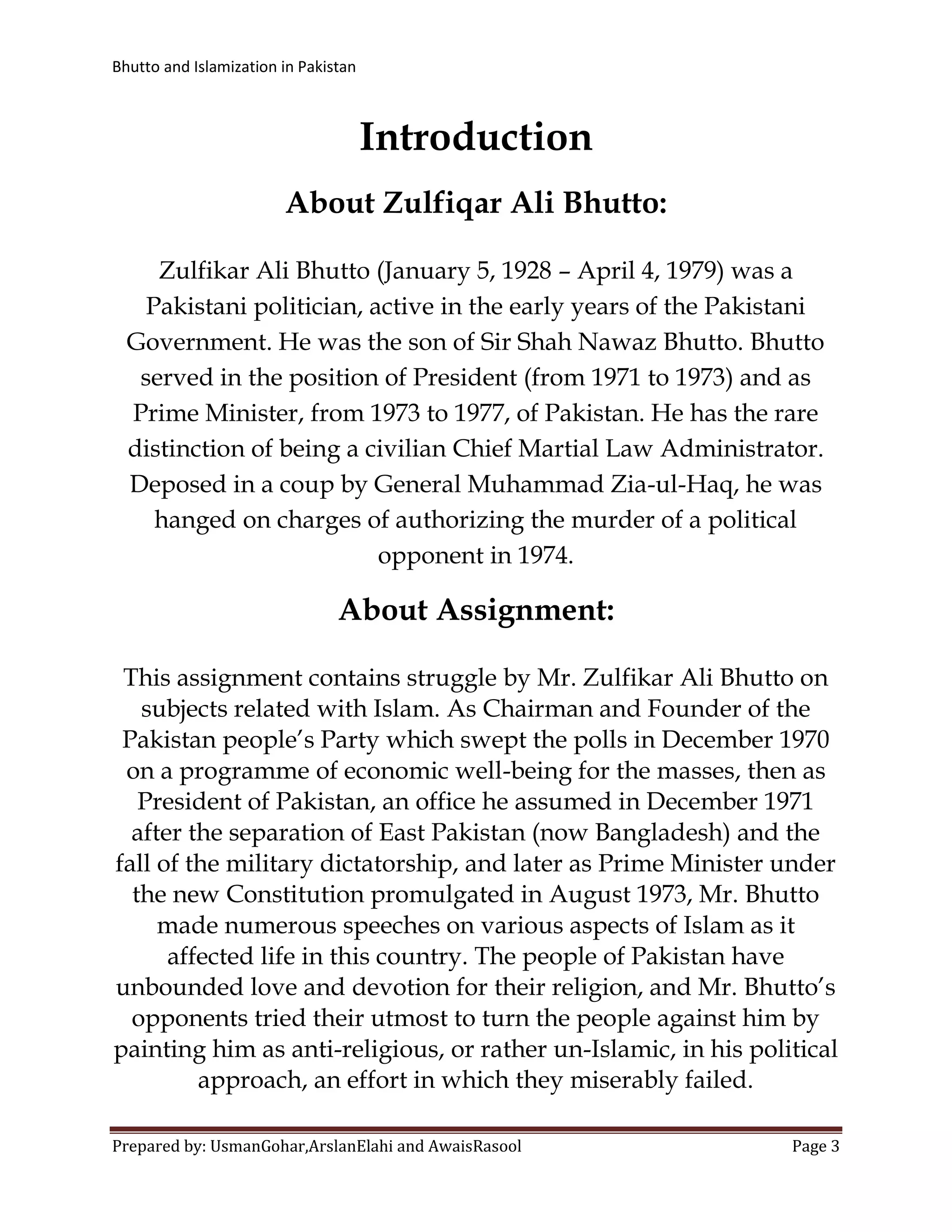 Bhutto and islamization in pakistan | DOCX