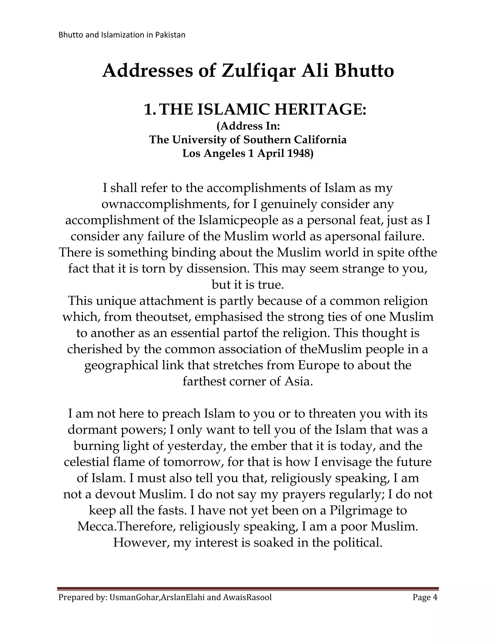 Bhutto and islamization in pakistan | DOCX