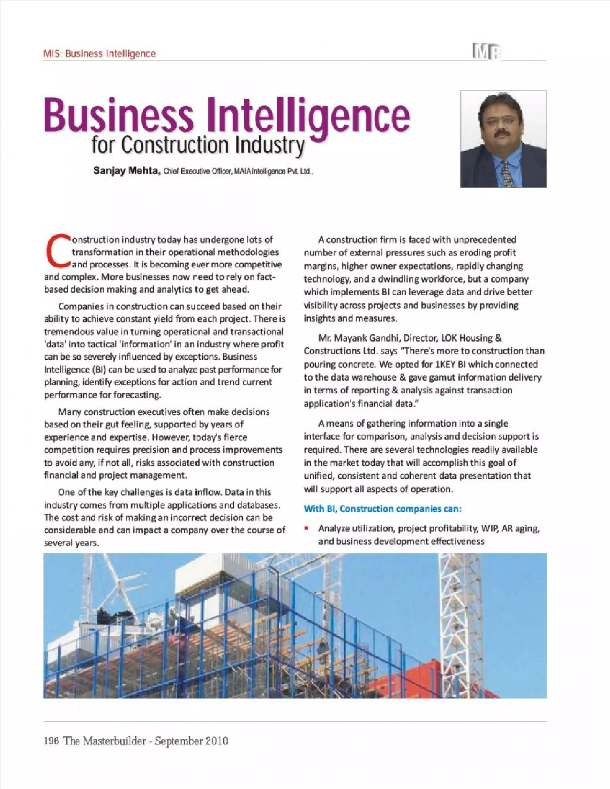 Business Intelligence (BI) for Construction Industry | PDF