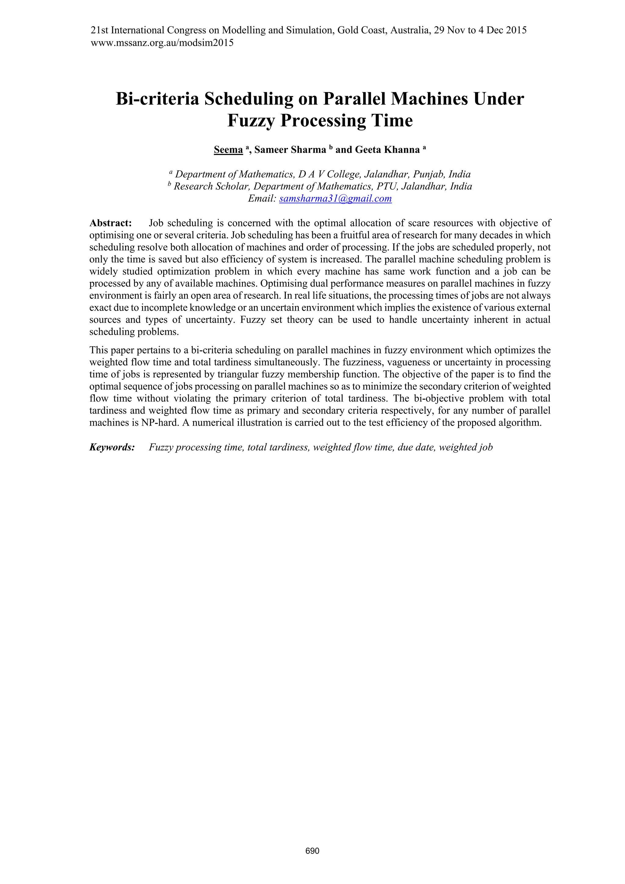 Bi criteria scheduling on parallel machines under fuzzy processing time | PDF