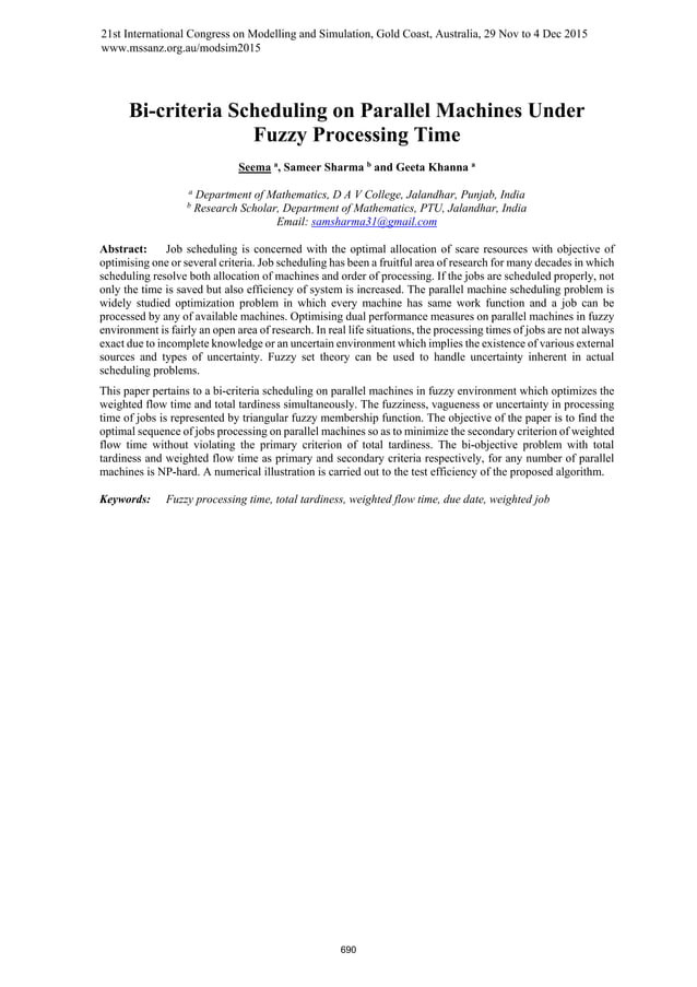 Bi criteria scheduling on parallel machines under fuzzy processing time | PDF