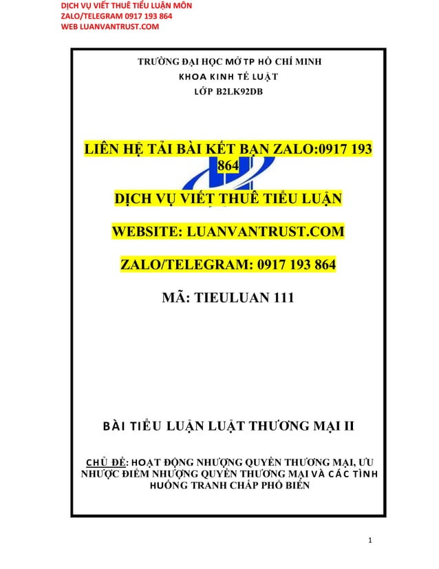 BÀI MẪU Tiểu luận luật thương mại, HAY | DOCX