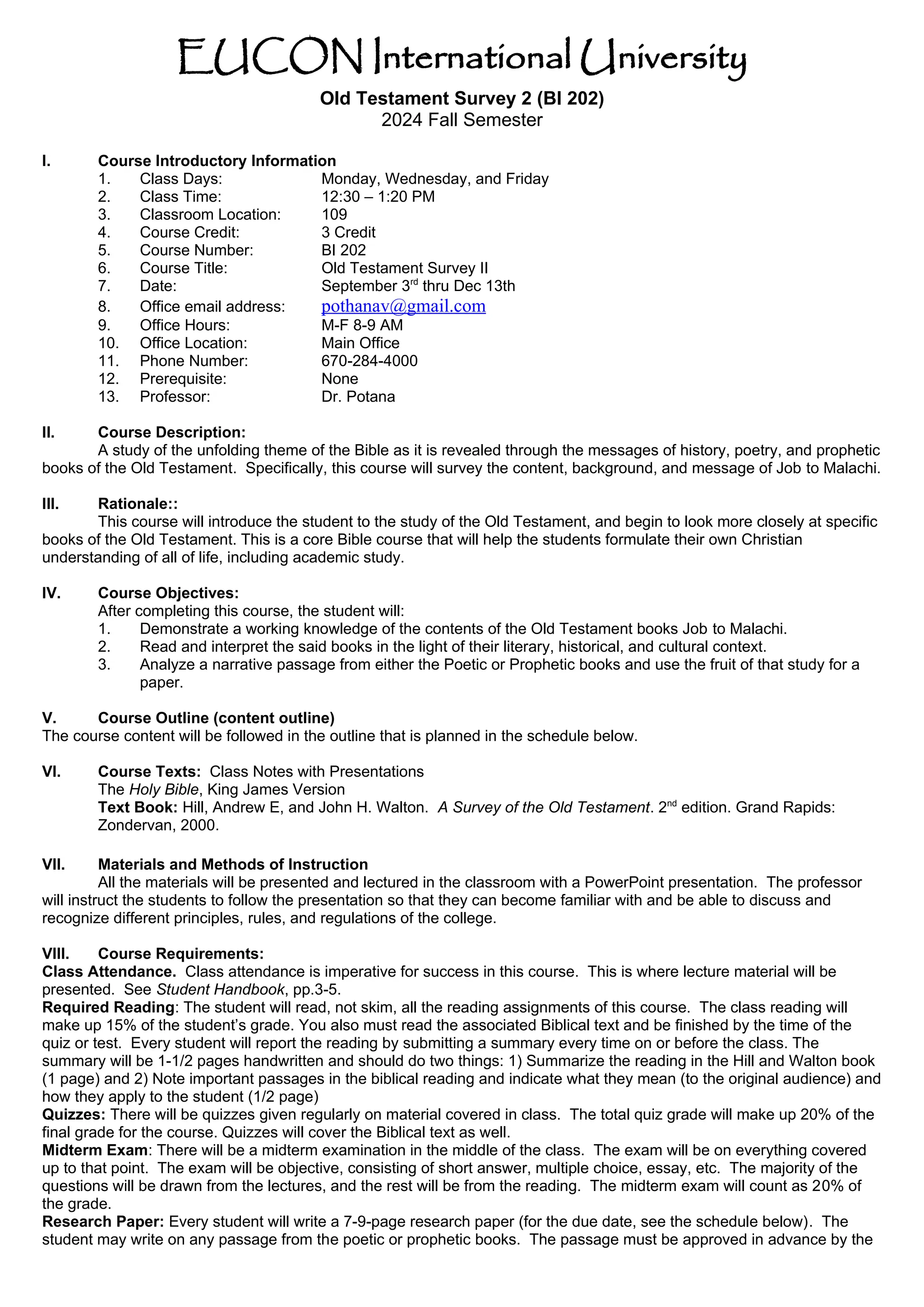 BI 202; Old Testament Survey-2; Course Syllabus copy; Fall 2024; Dr ...
