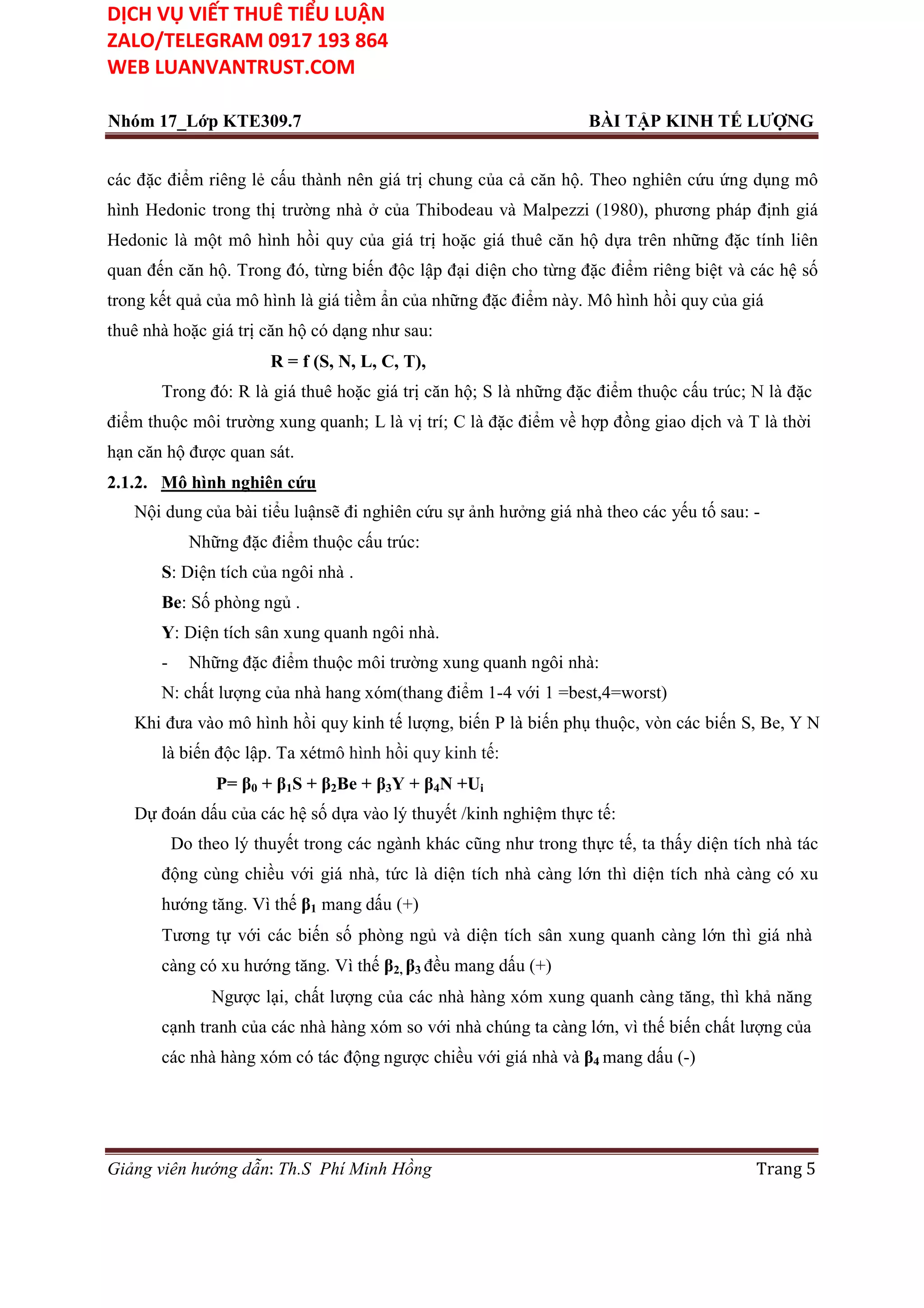 Bài mẫu tiểu luận về kinh tế lượng, HAY, 9 ĐIỂM | DOCX