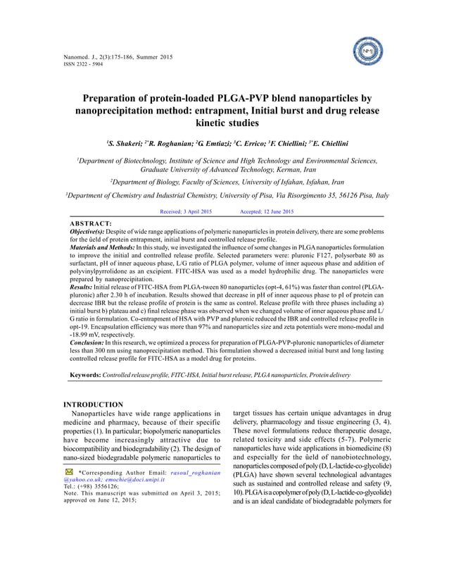 Preparation of protein-loaded PLGA-PVP blend nanoparticles by ...