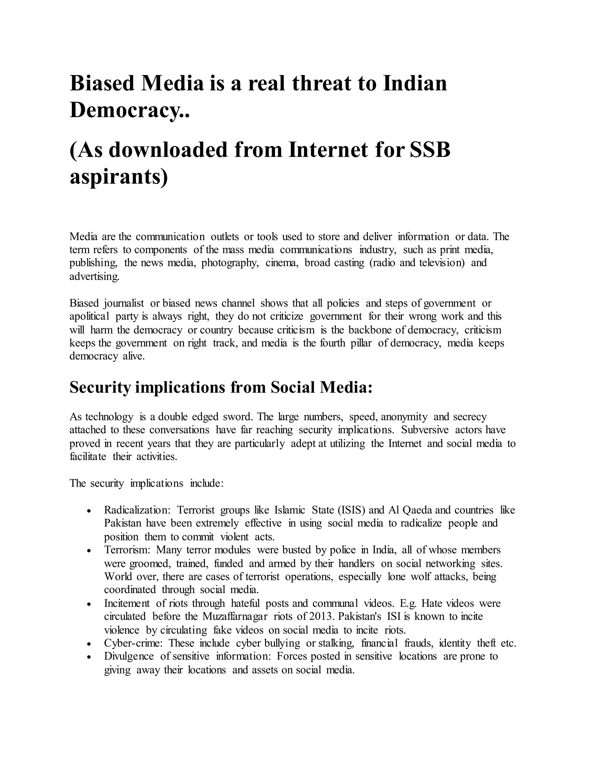 Biased media is a real threat to indian democracy | DOCX