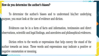 Bias in Writing English 9: Examining the biases made by the author | PPTX
