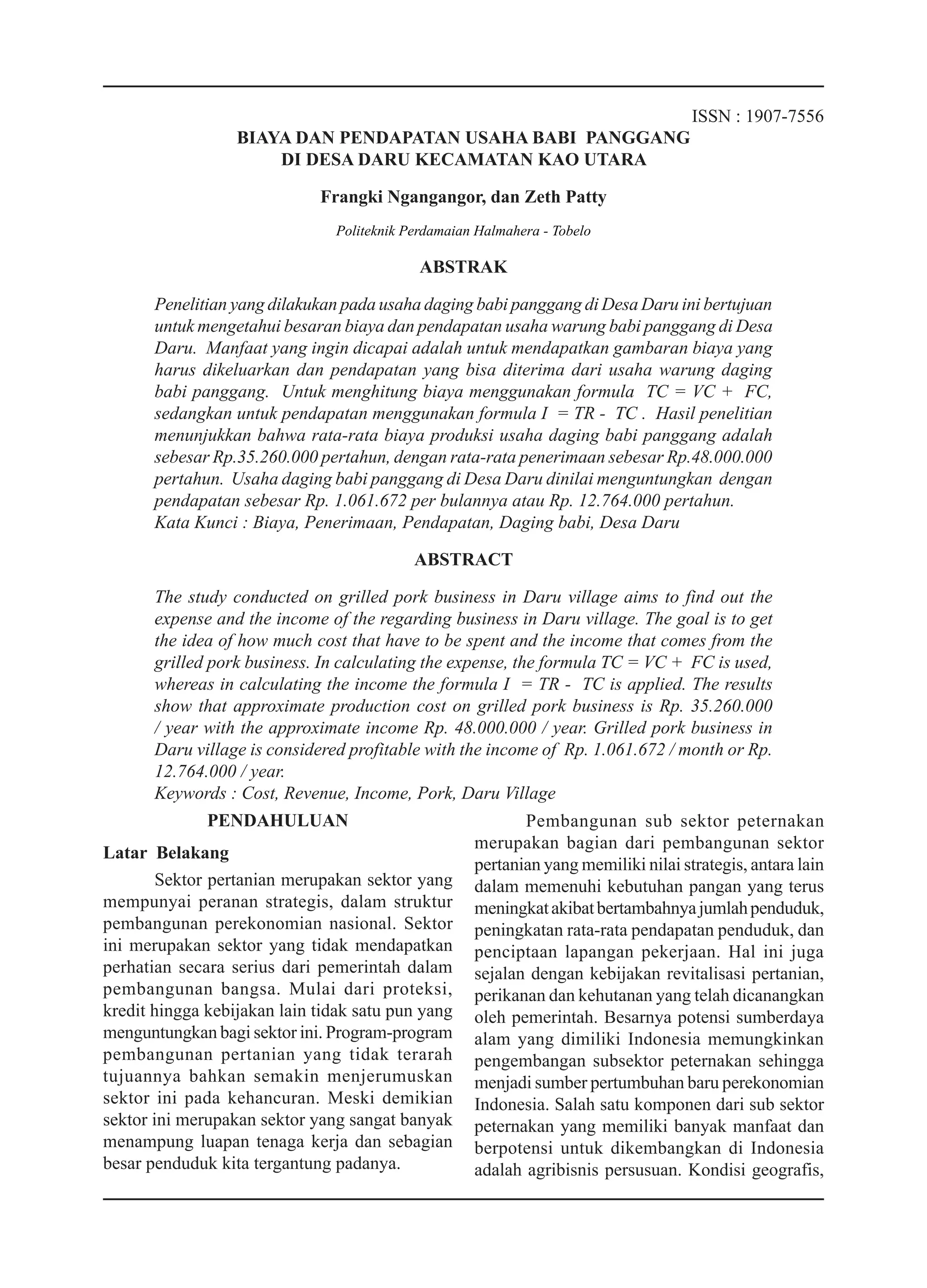 Biaya dan Pendapatan Usaha Babi Panggang di Desa Daru Kecamatan Kao ...