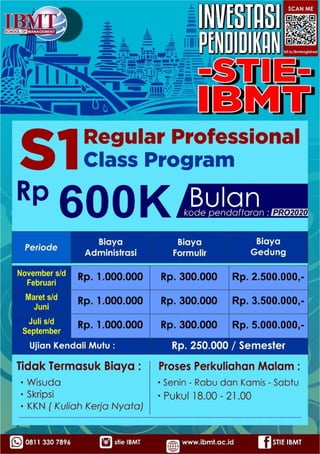 Biaya Kuliah Program S1 Manajemen Kelas PRO STIE IBMT | PDF