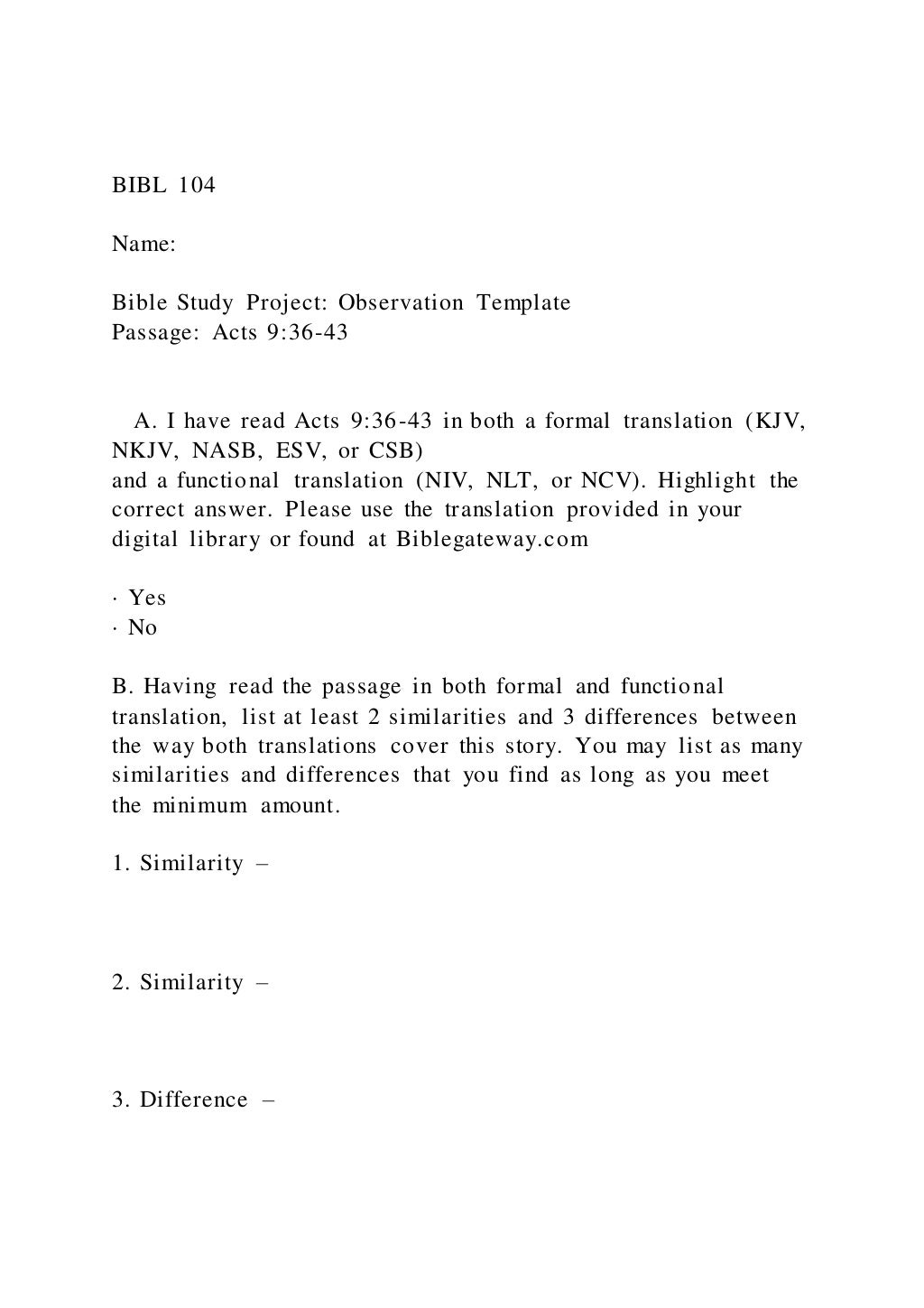 BIBL 104NameBible Study Project Observation TemplatePa | DOCX