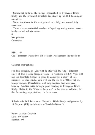 BIBL 104 – OT Bible Study Assignment RubricCriteriaLevels of A | DOCX
