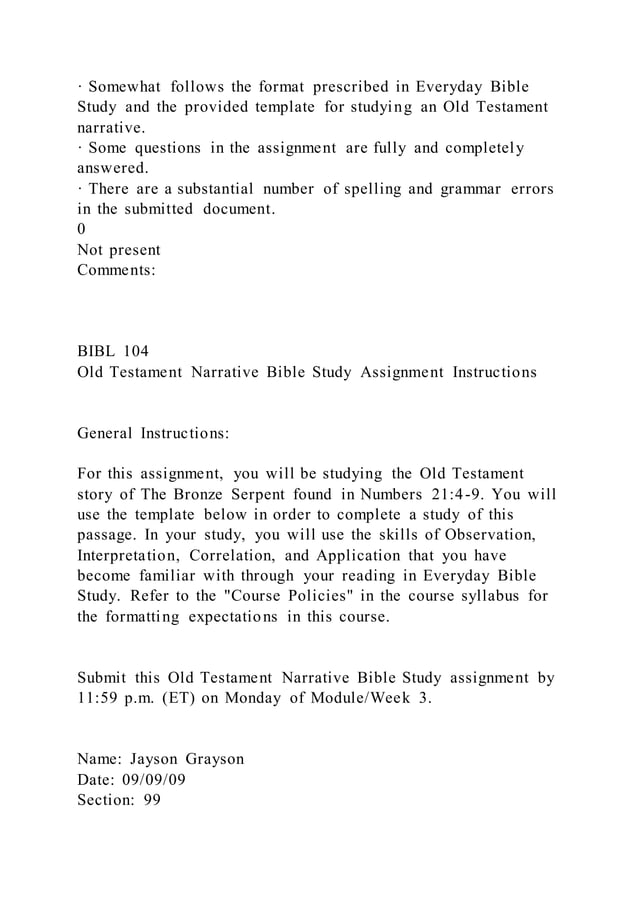 BIBL 104 – OT Bible Study Assignment RubricCriteriaLevels of A | DOCX ...