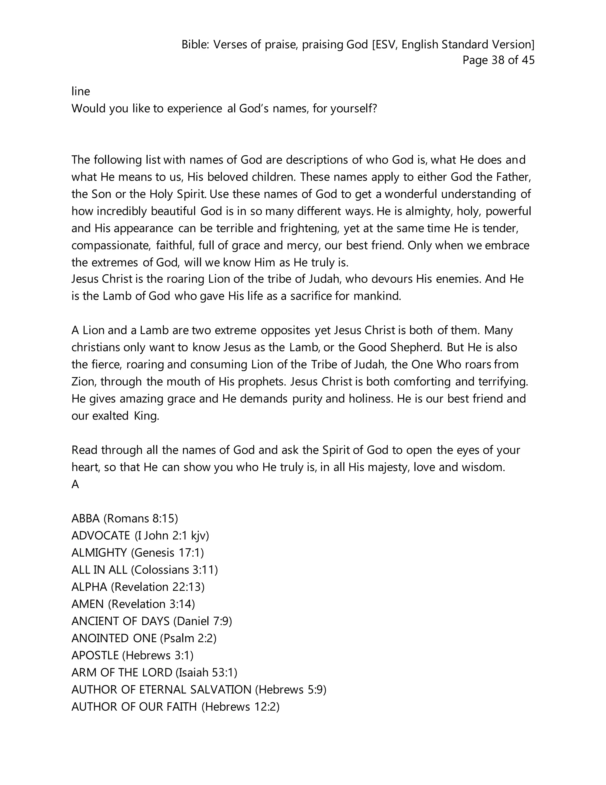 Bible's praise verses; Bonus: God's names: | DOCX