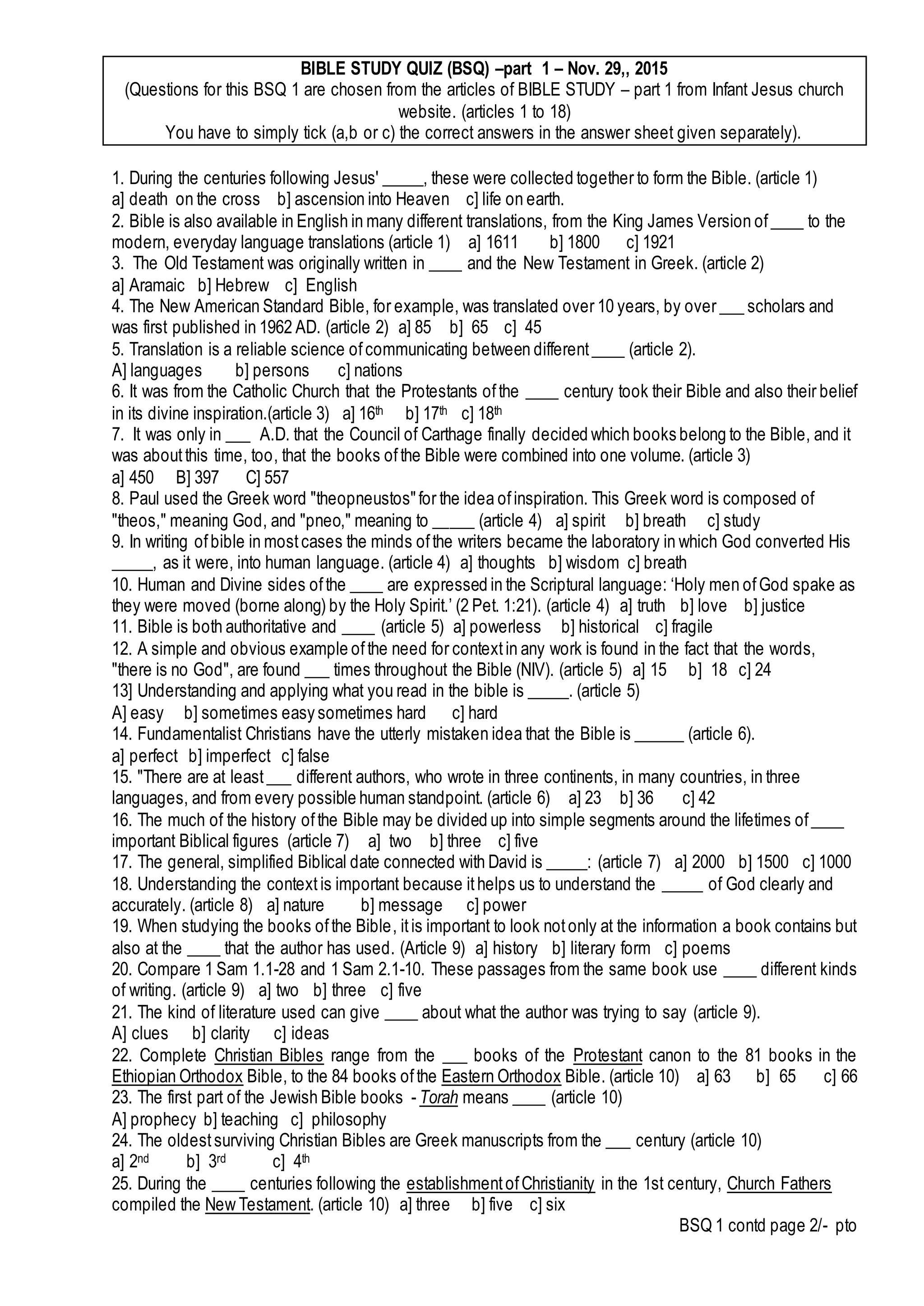 Bible study quiz part 1 | DOCX