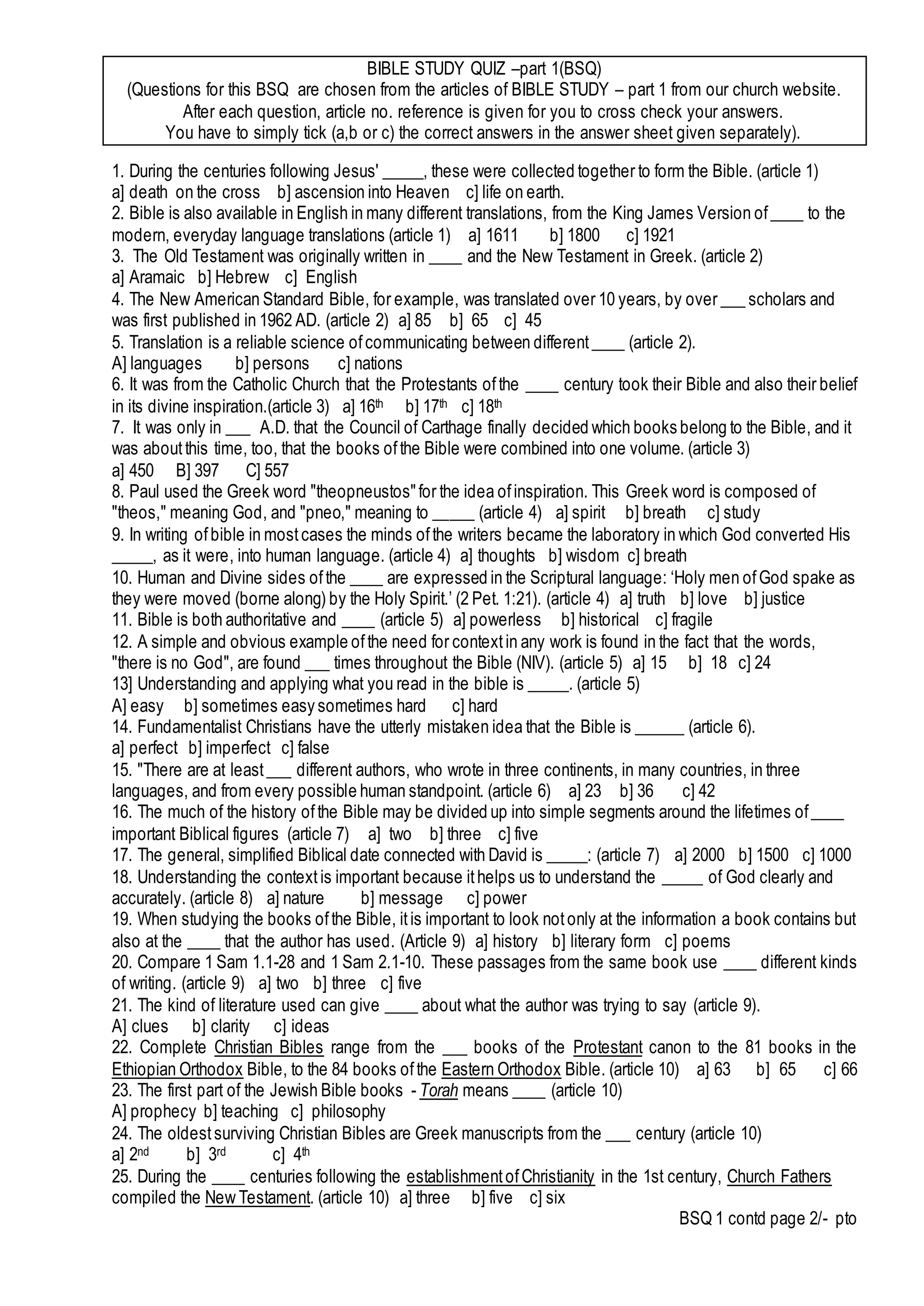 Bible study quiz (bsq) parts 1 to 3 | DOCX