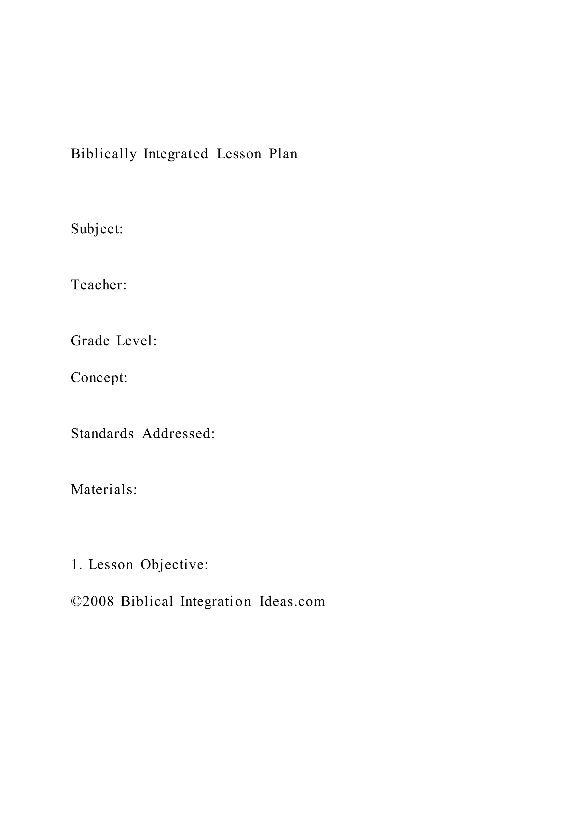 Biblically Integrated Lesson Plan Subject | DOCX