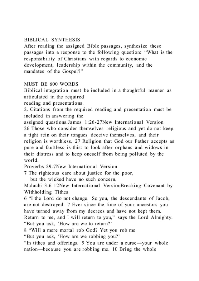 BIBLICAL SYNTHESIS After reading the assigned Bible passages, sy | PDF