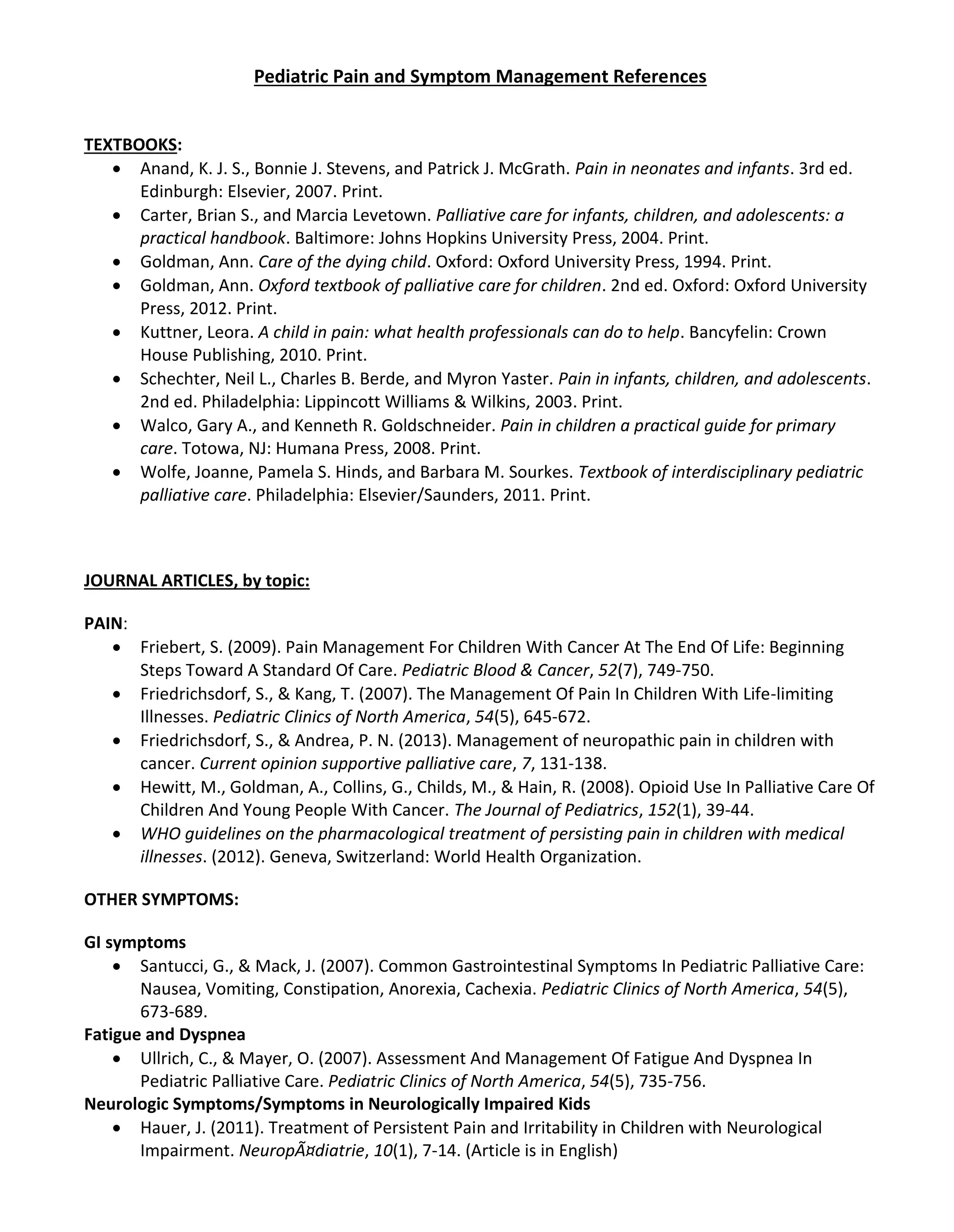 Bibliography for peds pain and symptom | PDF