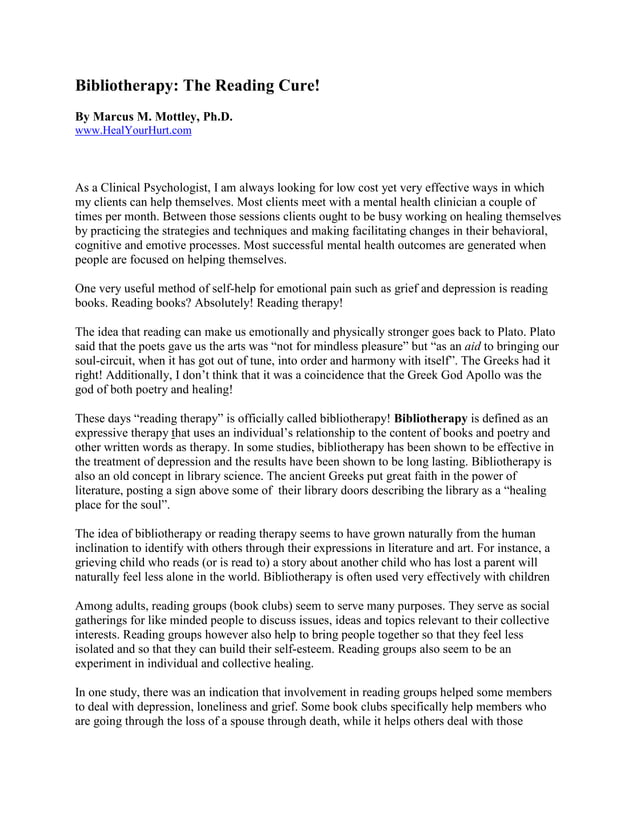 Bibliotherapy: The Reading Cure | PDF | Mental Health | Diseases and ...