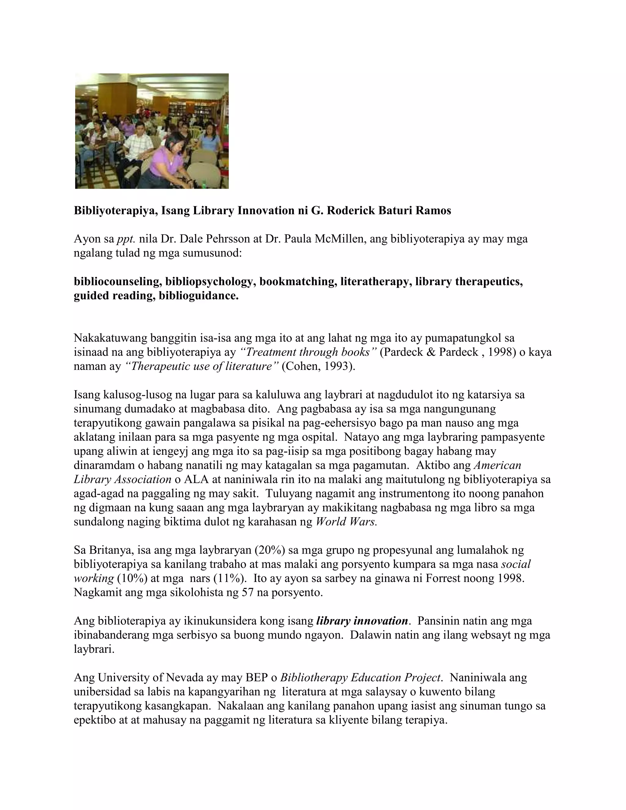 Bibliyoterapiya, isang library_innovation_ni_g._roderick_baturi_ramos | PDF