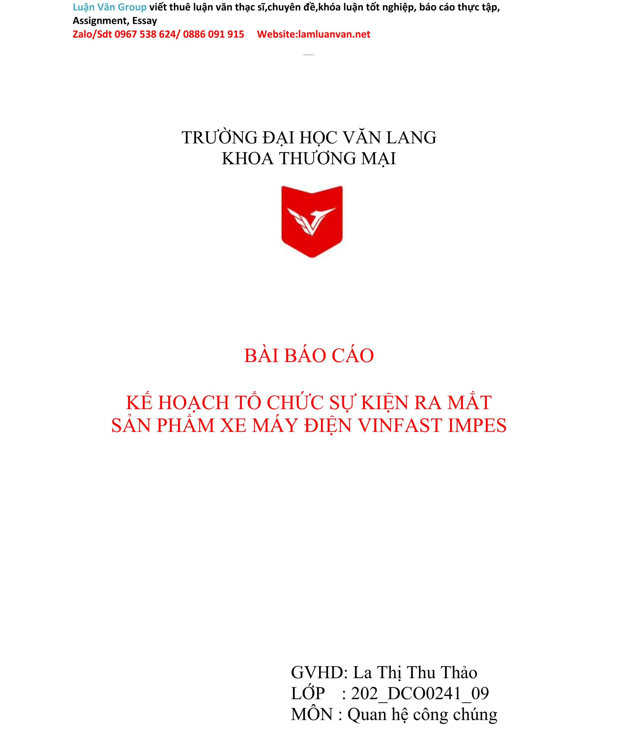 Bài báo cáo Tổ chức sự kiện ra mắt sản phẩm xe máy điện Vinfast Impes | PDF