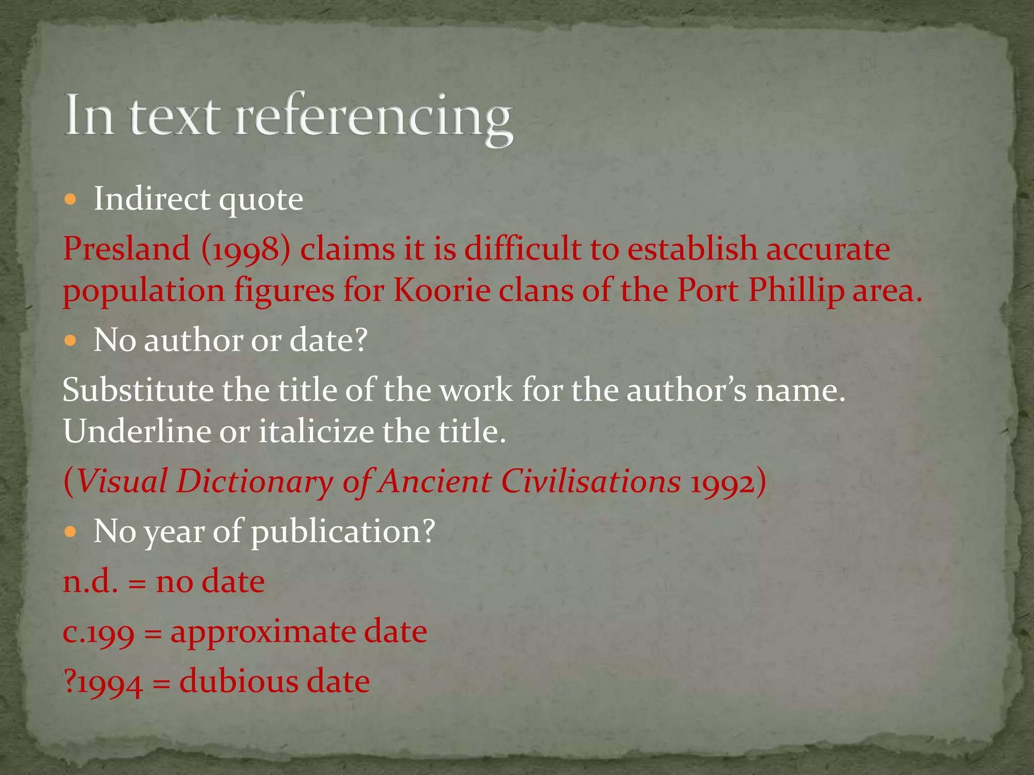 Bibliographic referencing and in-text referencing for Year 10 students | PPTX