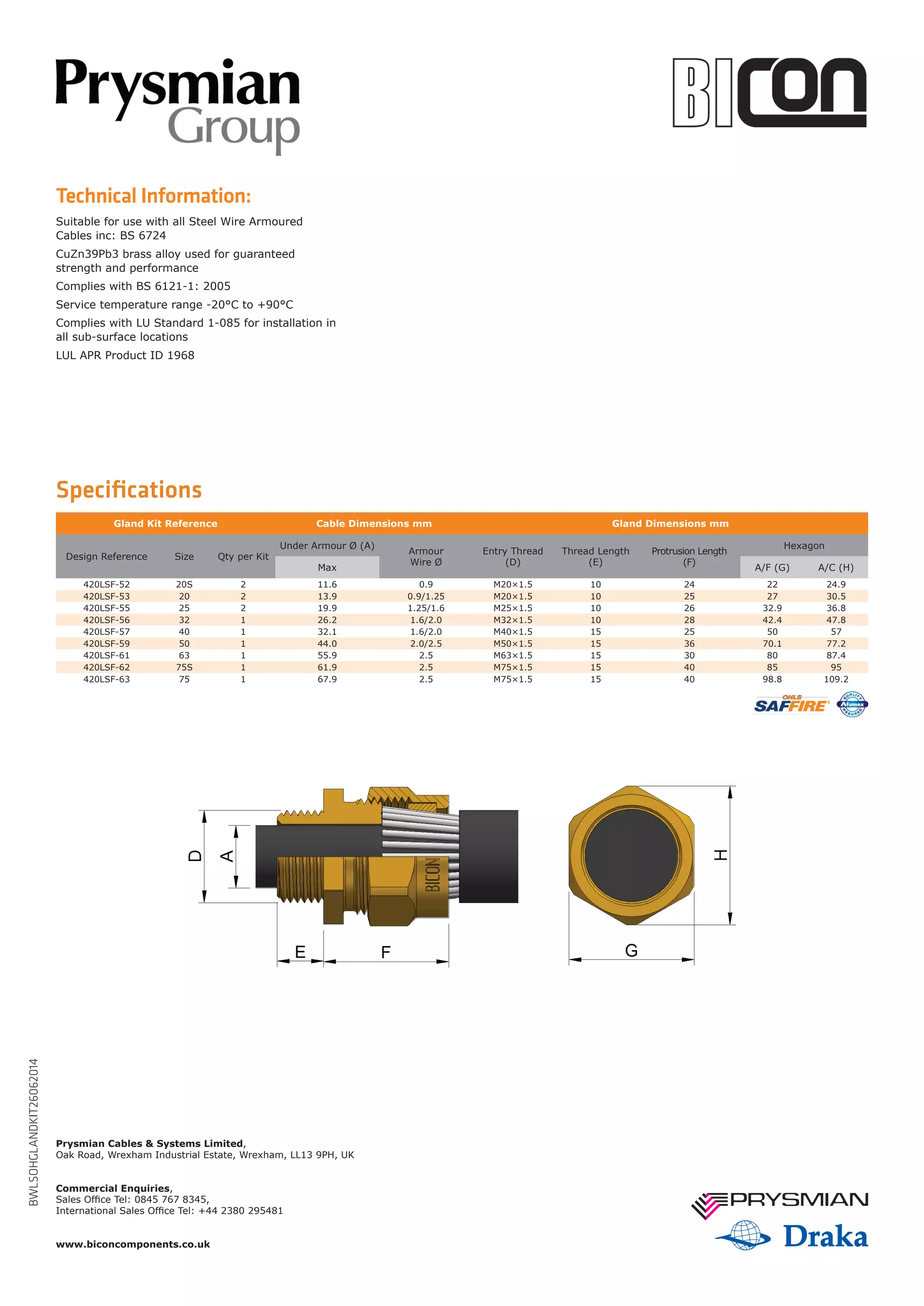 BICC Bicon BW20S LSF Cable Gland Kit (Prysmian 420LSF-52) | PDF